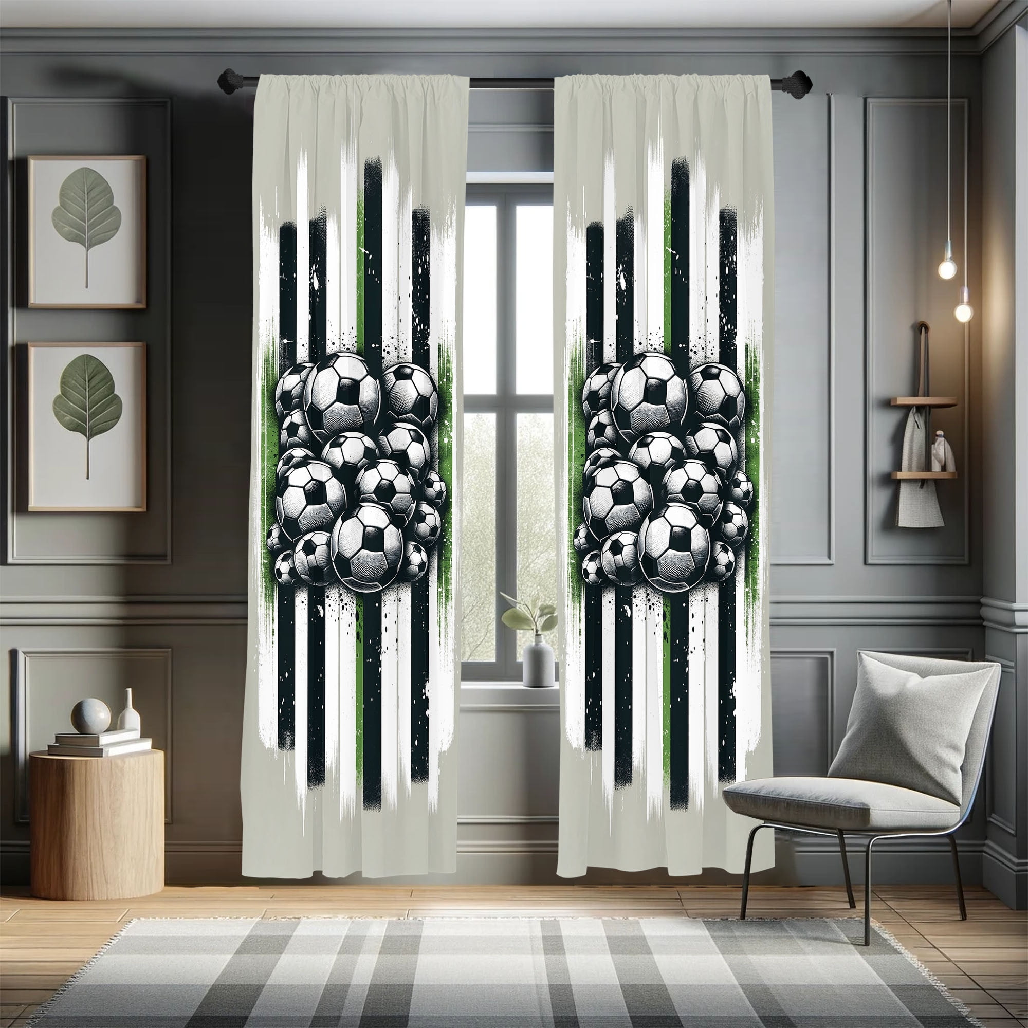 Ambesonne Soccer Curtains 2 Panel Set, Ball Huddle Grunge Stripes, Pair ...