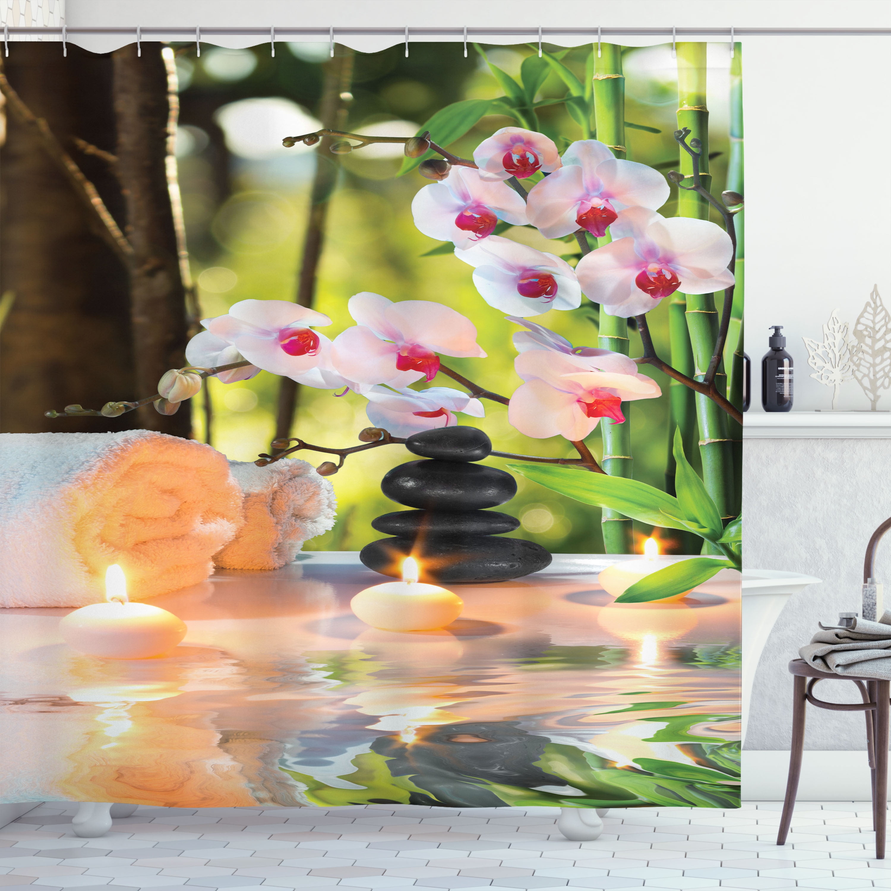 Ambesonne Spa Shower Curtain, Spa with Candles Orchids, 69"Wx70"L, Pale Green Fuchsia - Walmart.com