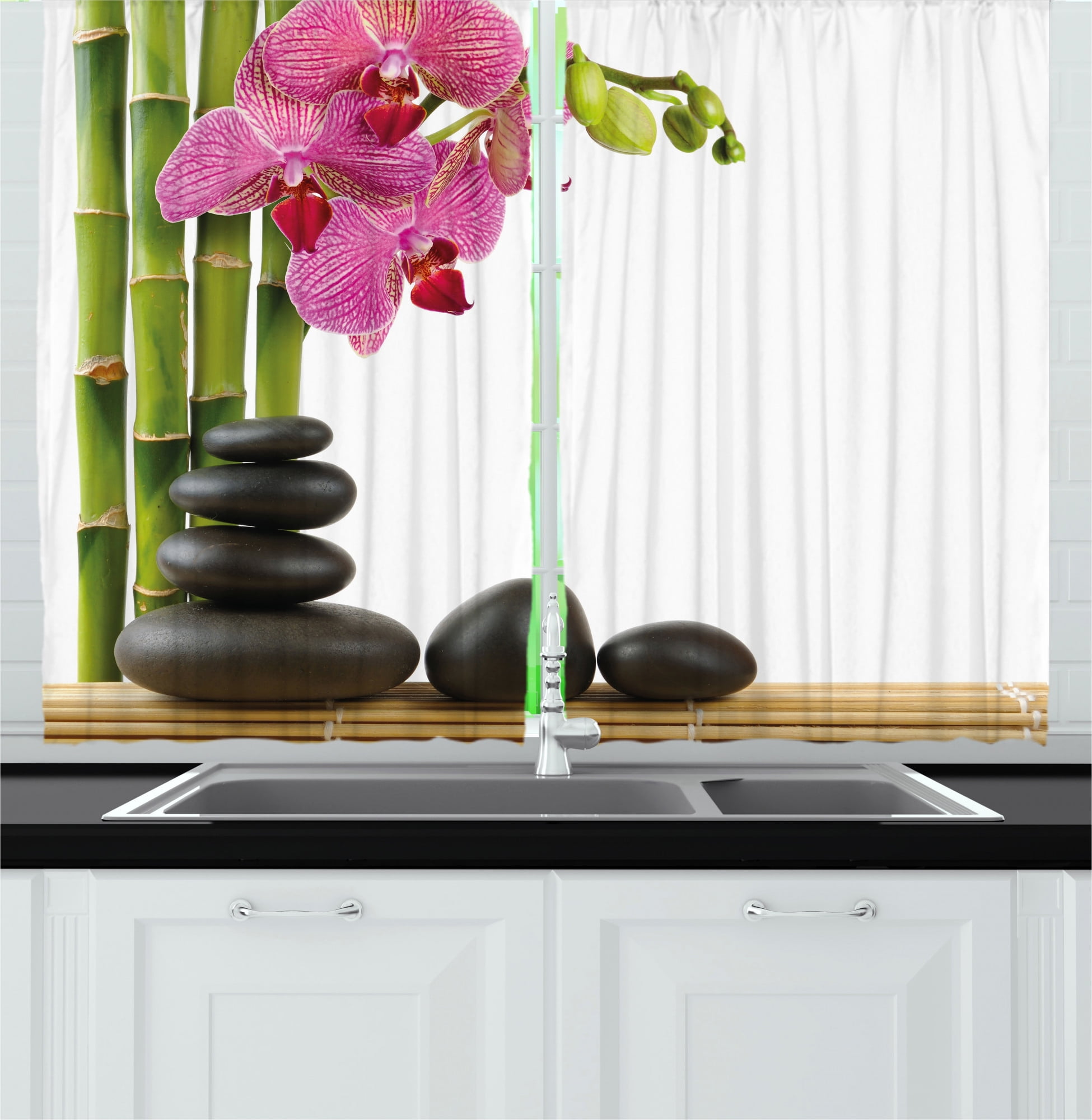 Ambesonne Spa Themed Kitchen Curtains, Pink Orchid and Stones, 55"x45 ...