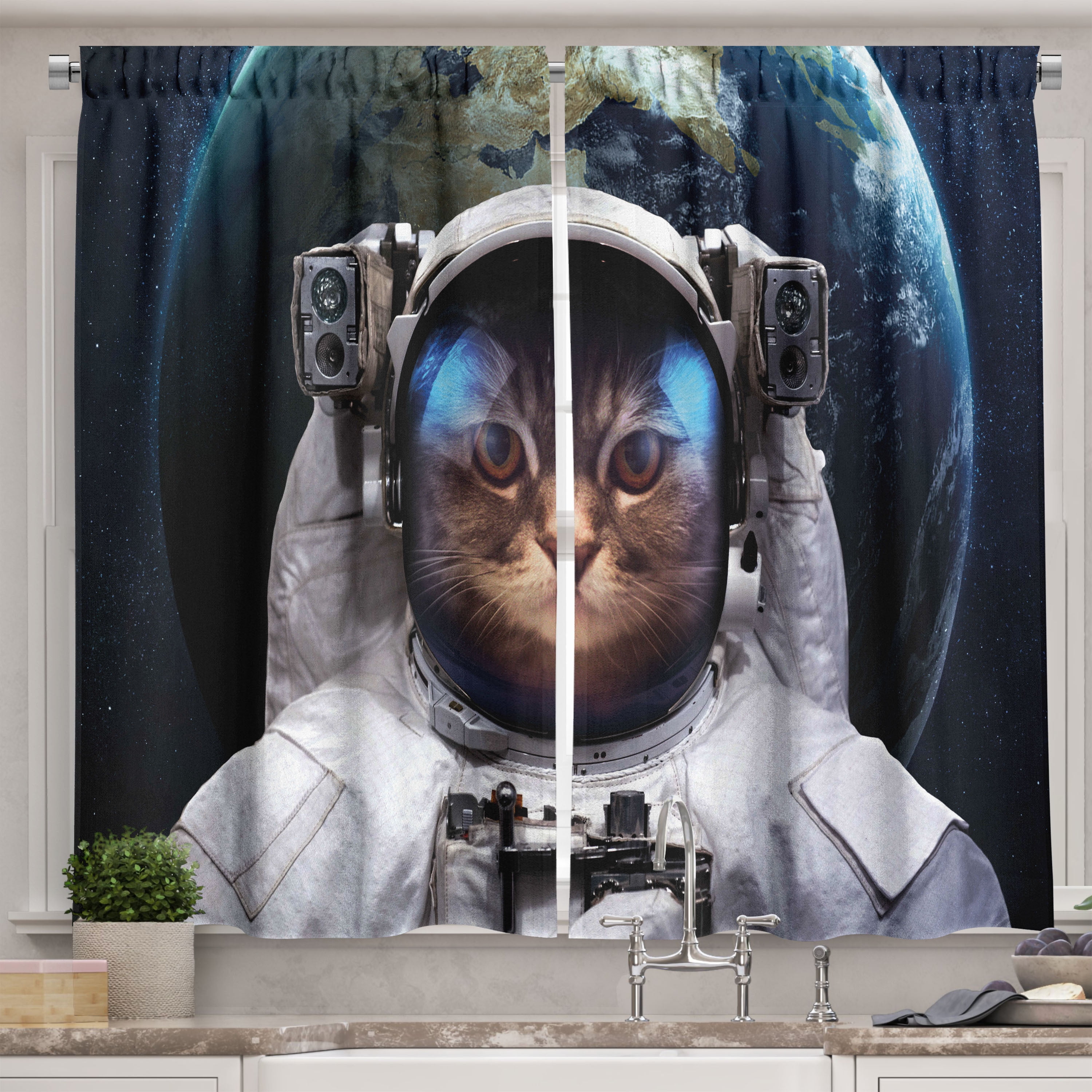 Ambesonne Space Cat Kitchen Curtains, Planet Earth Backdrop, 55"x39 ...