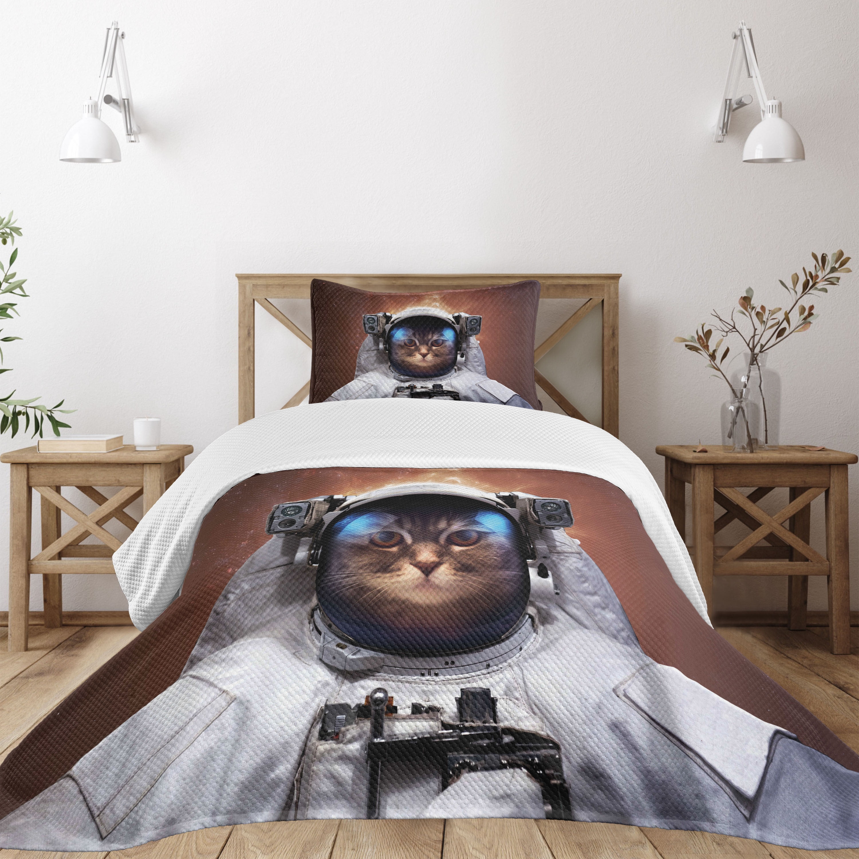Ambesonne Space Cat Quilted Bedspread Set 2 Pcs, Kitten in Milkyway ...