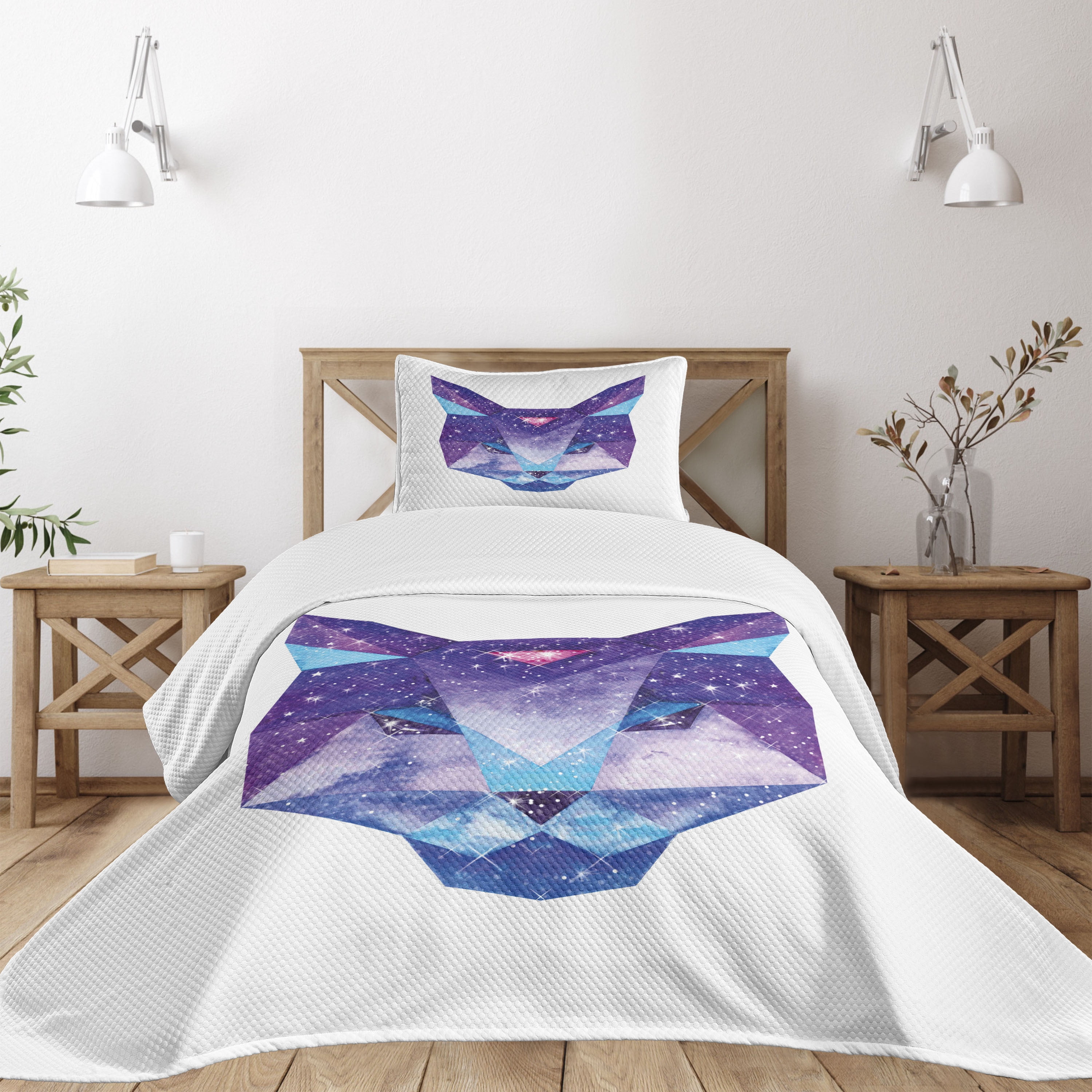 Ambesonne Space Cat Quilted Bedspread Set 2 Pcs, Star Clusters Head ...