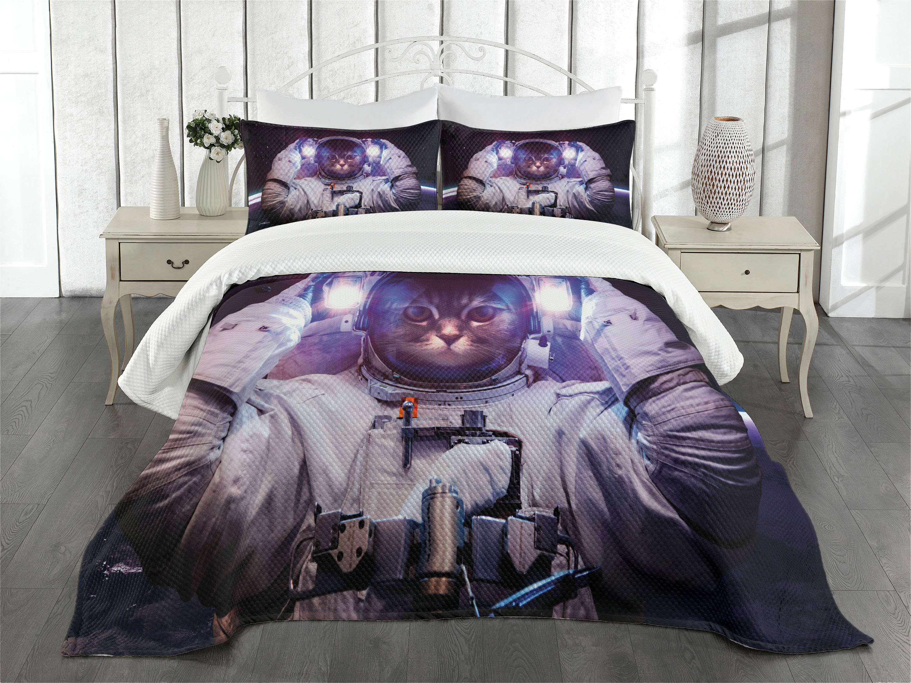 Ambesonne Space Cat Quilted Bedspread Set 3 Pcs, Galaxy Star Supernova ...