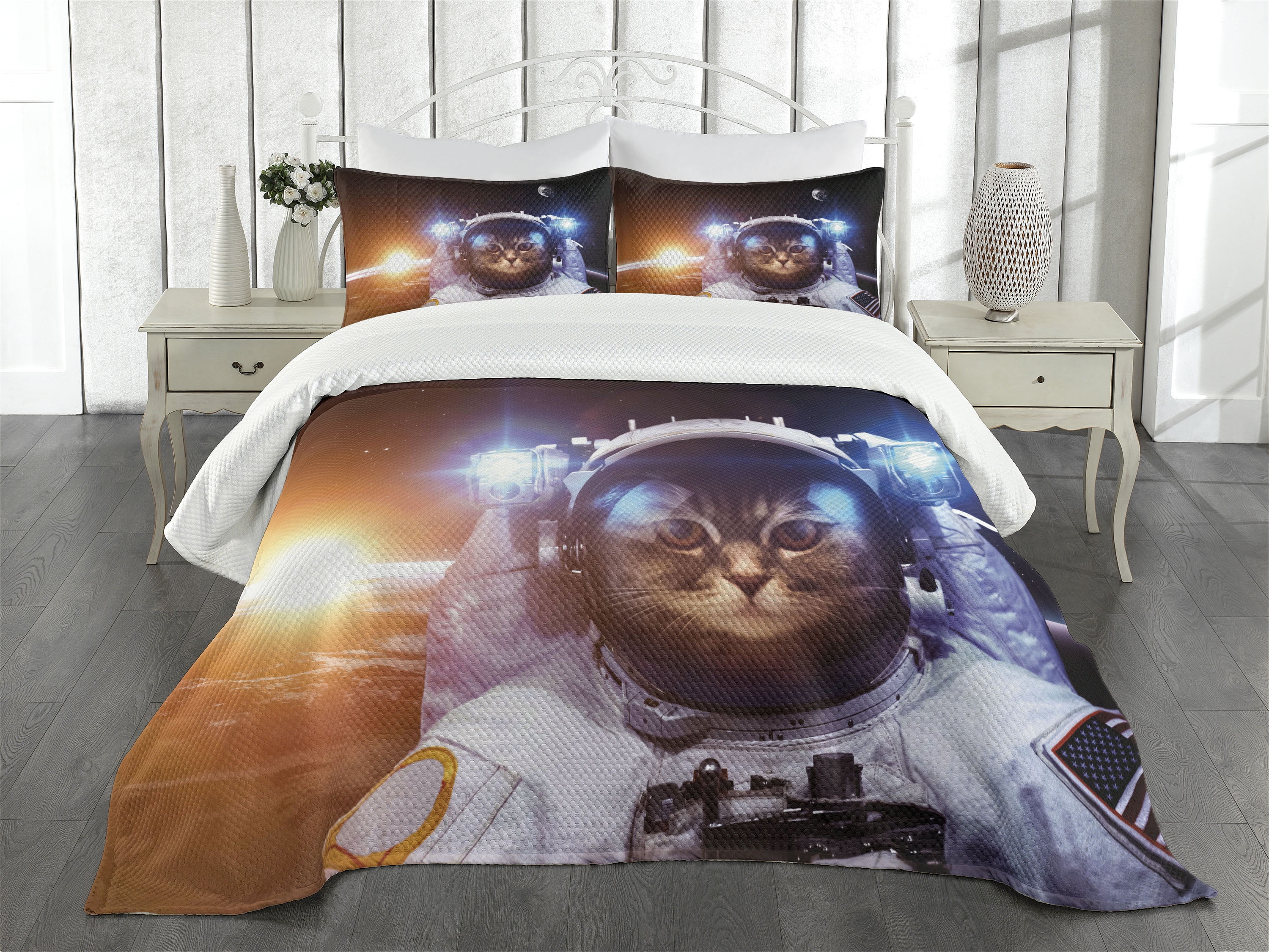 Ambesonne Space Cat Quilted Bedspread Set 3 Pcs, Sun Lunar Eclipse ...