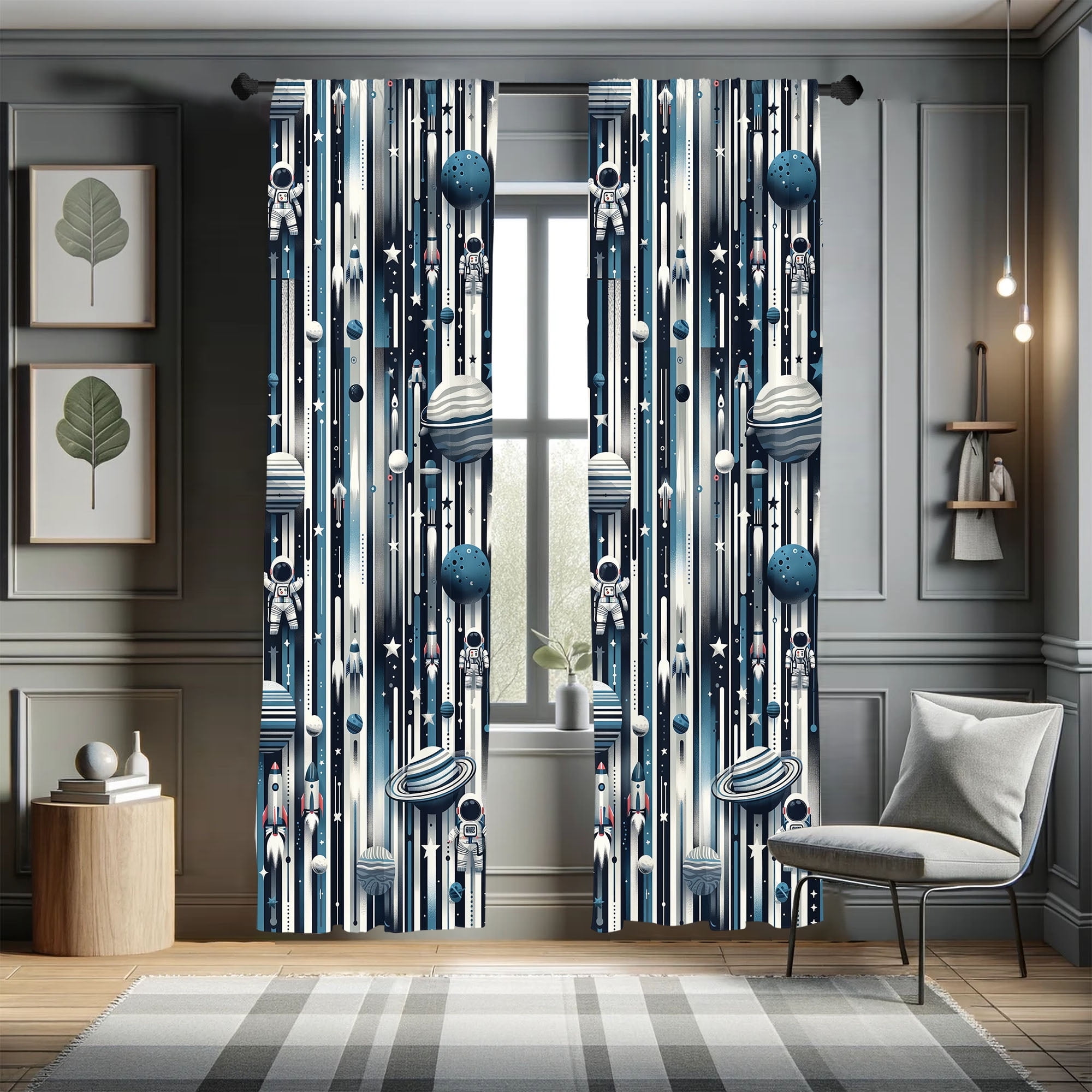 Ambesonne Space Curtains 2 Panel Set, Rockets Planets Astronauts, Pair ...