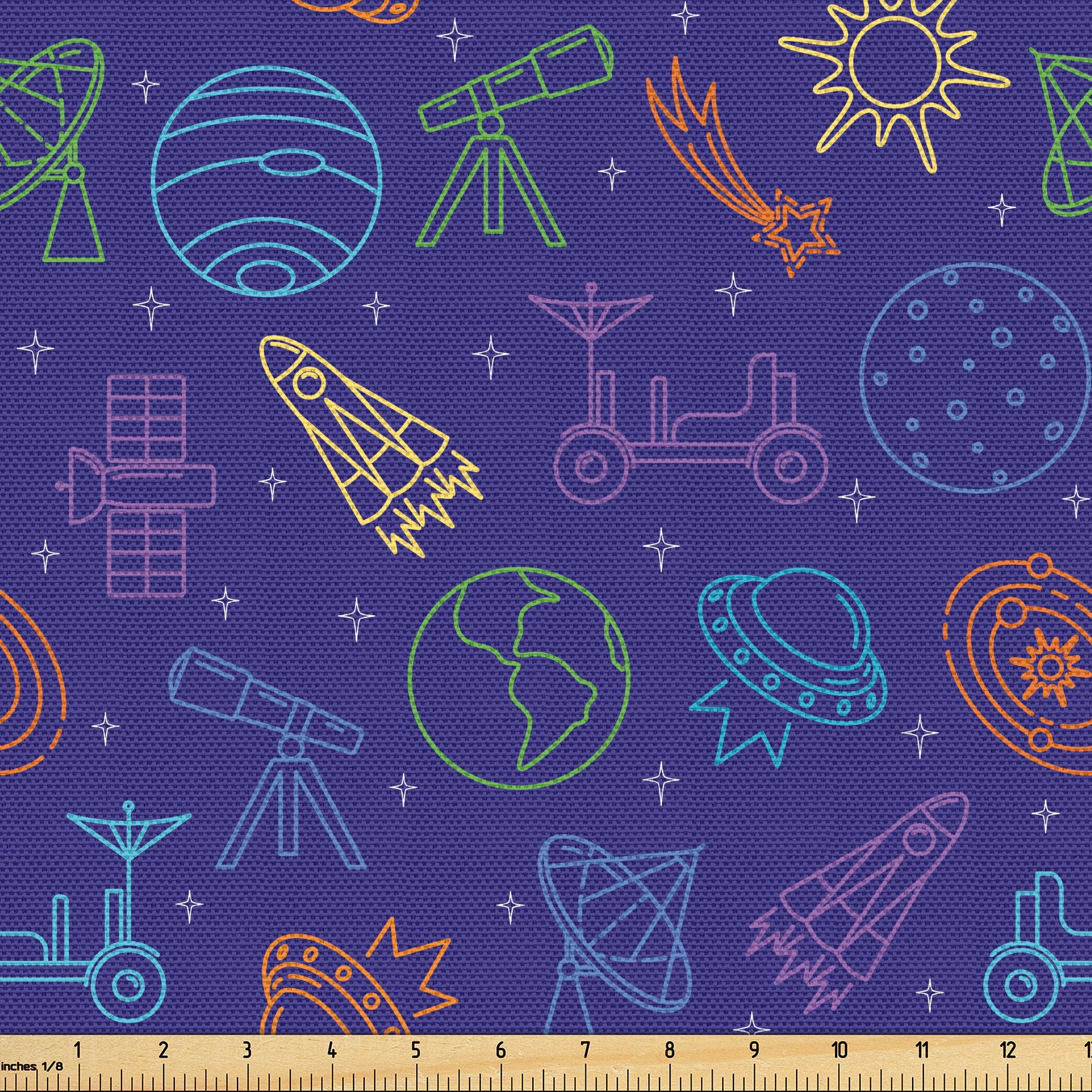 Ambesonne Space Fabric by the Yard Upholstery, Earth Telescope Rocket ...