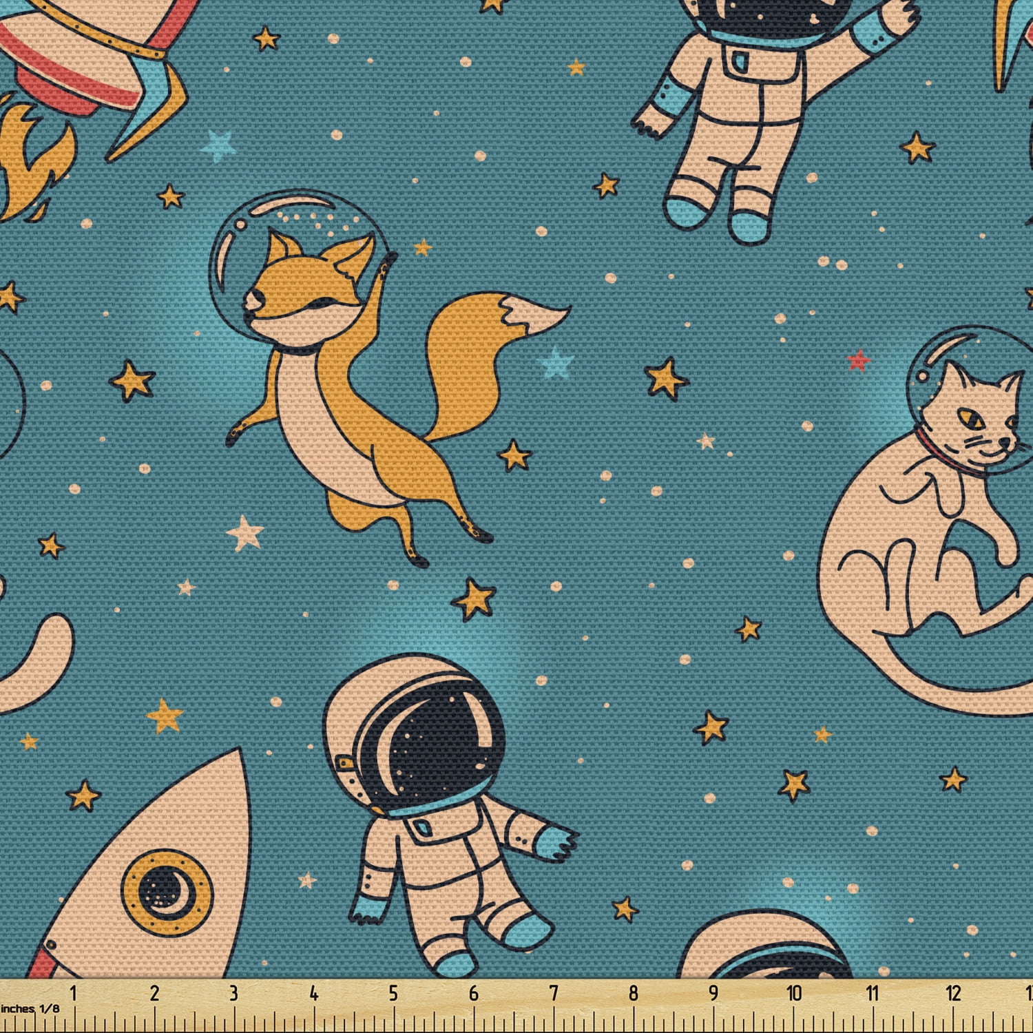 Ambesonne Space Fabric by the Yard Upholstery, Foxes Cats Cosmonauts, 1 Yard, Turquoise Beige ...