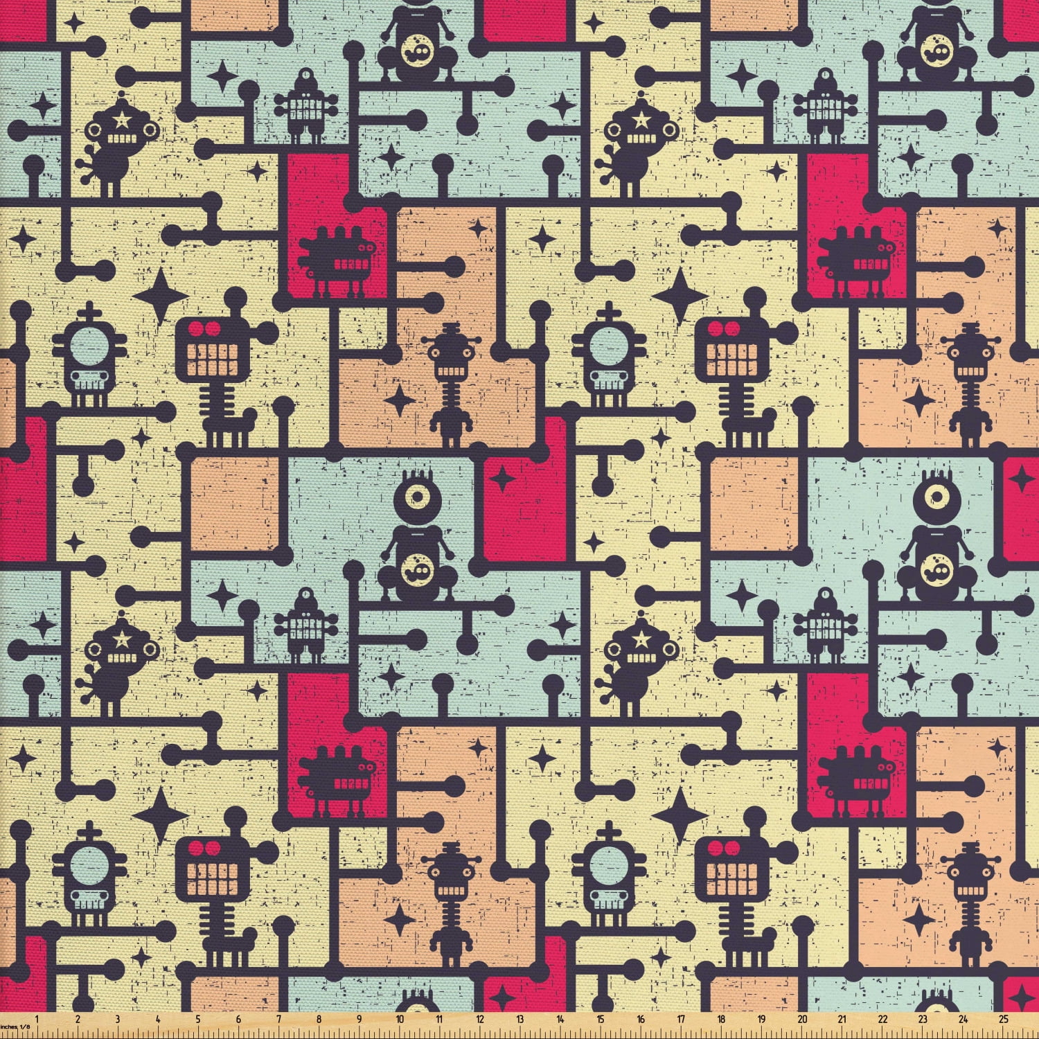 Ambesonne Space Fabric by the Yard Upholstery, Robots on Grid Squares ...