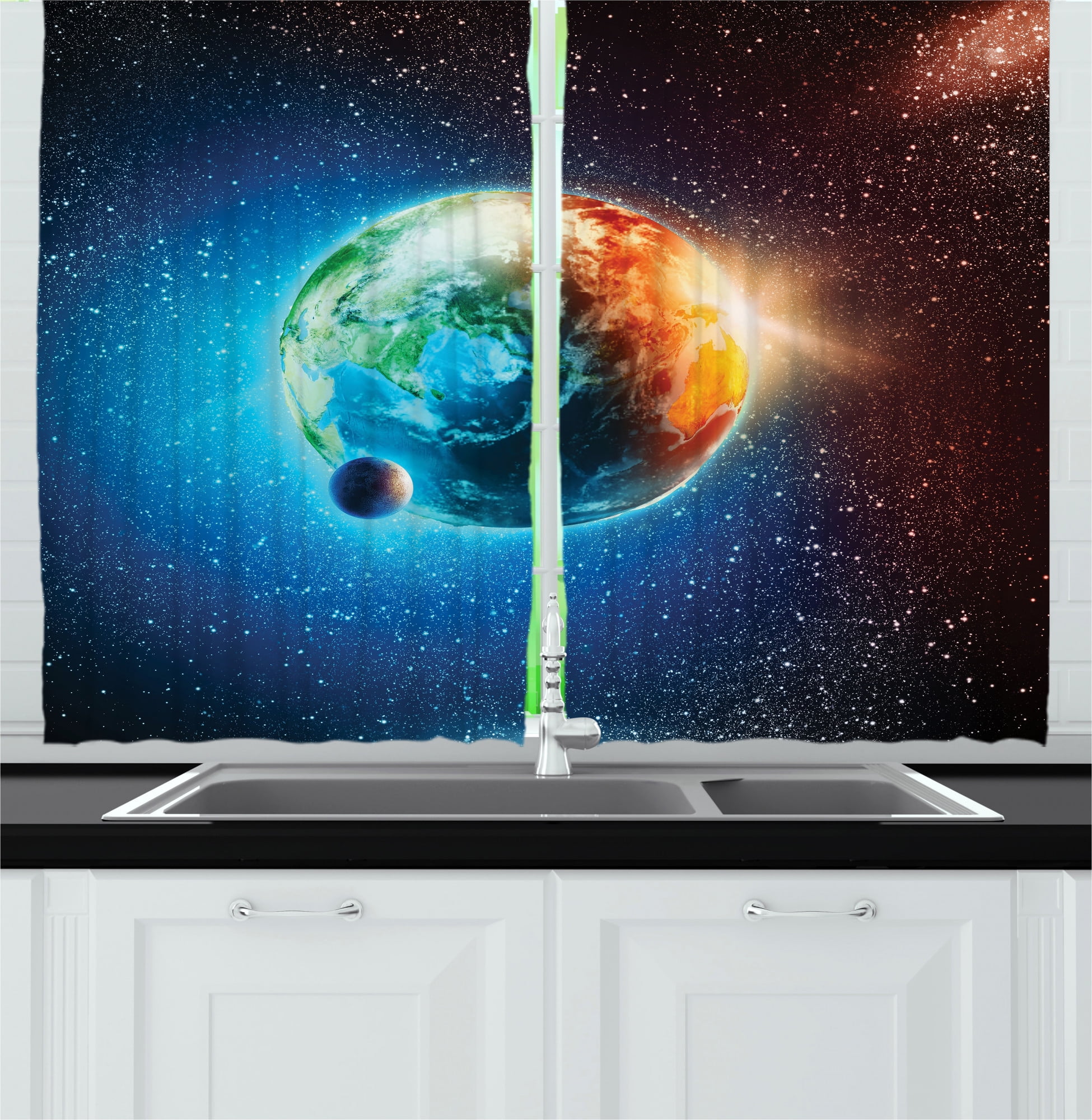 Ambesonne Space Kitchen Curtains, Planet Earth Sun Rays, 55"x45", Red ...