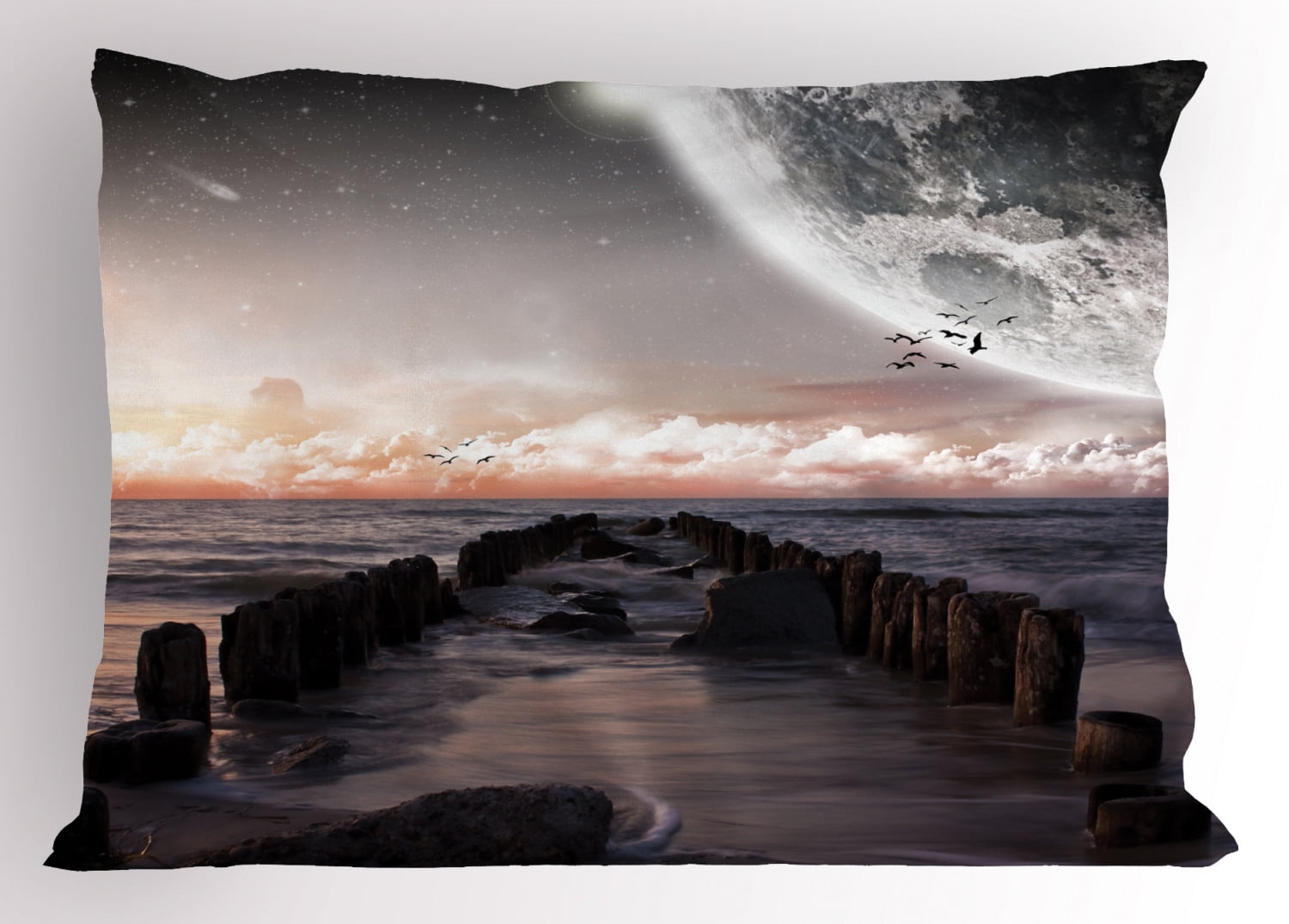 Ambesonne Space Pillow Sham, Old Pier Sea and Beach, 36" X 20", Pink ...