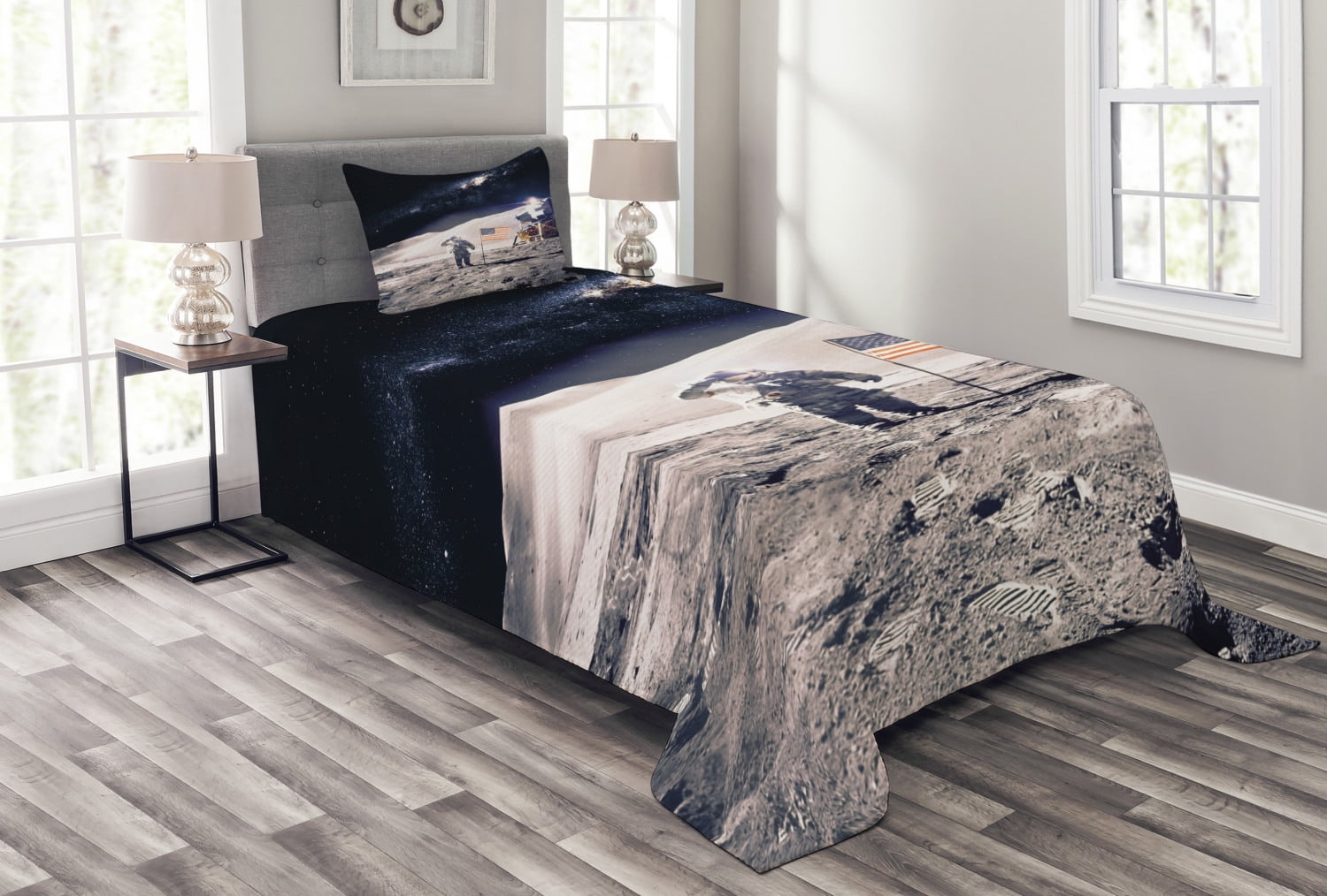 Ambesonne Space Quilted Bedspread Set 2 Pcs, Astronaut on Moon Mission ...