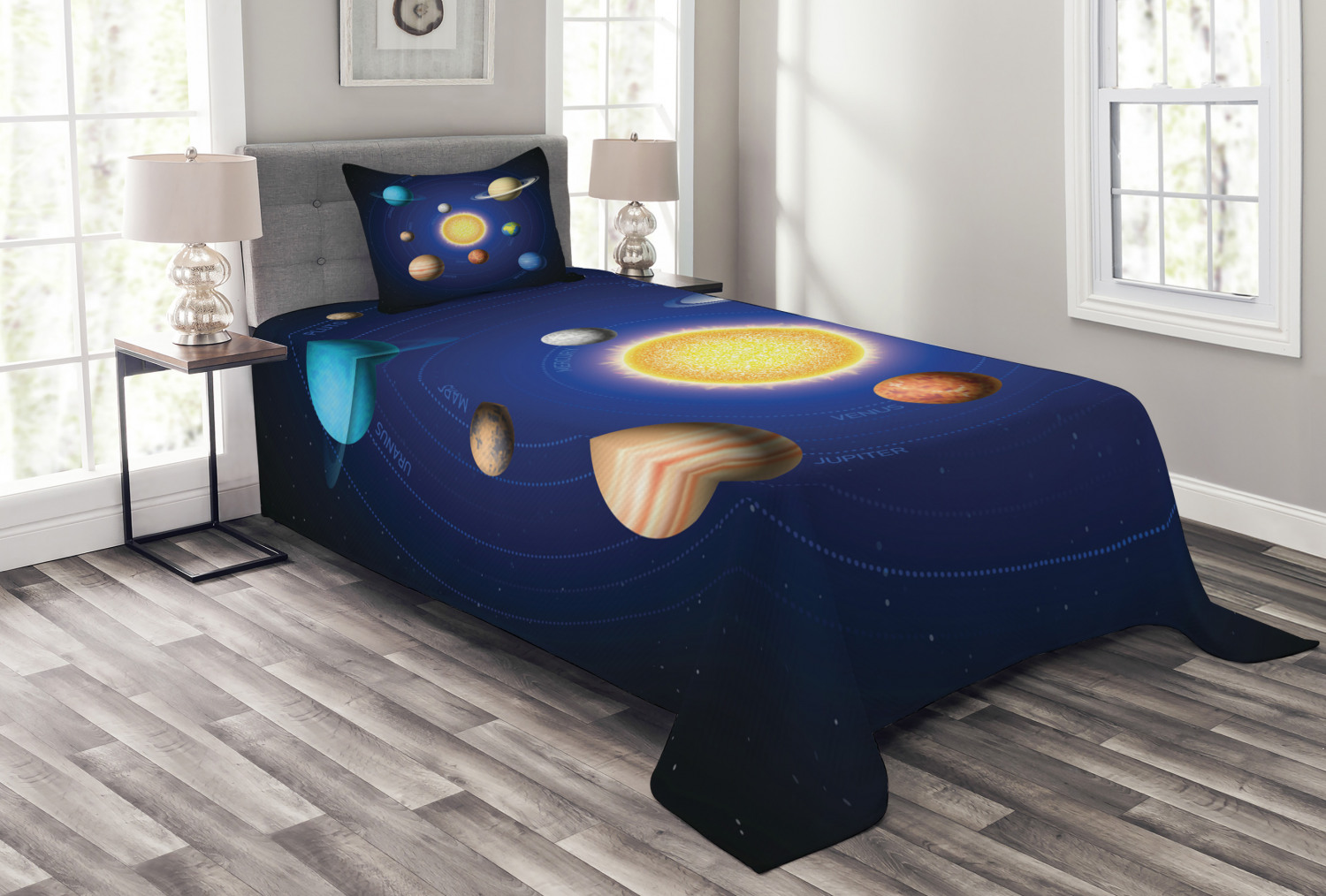 Ambesonne Space Quilted Bedspread Set 2 Pcs, Solar System with Planets ...
