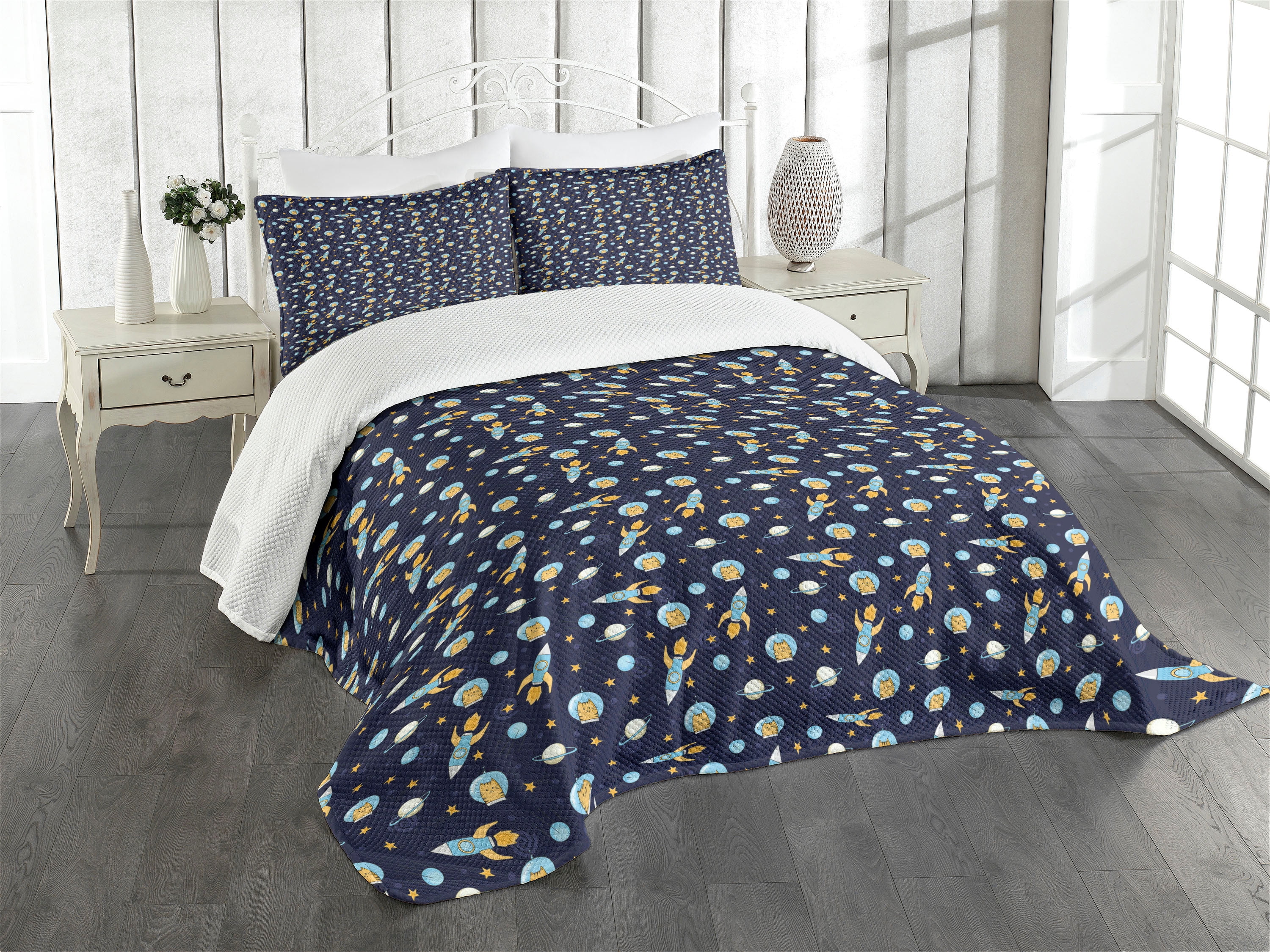 Ambesonne Space Quilted Bedspread Set 3 Pcs, Cat Flying to Outer Space ...