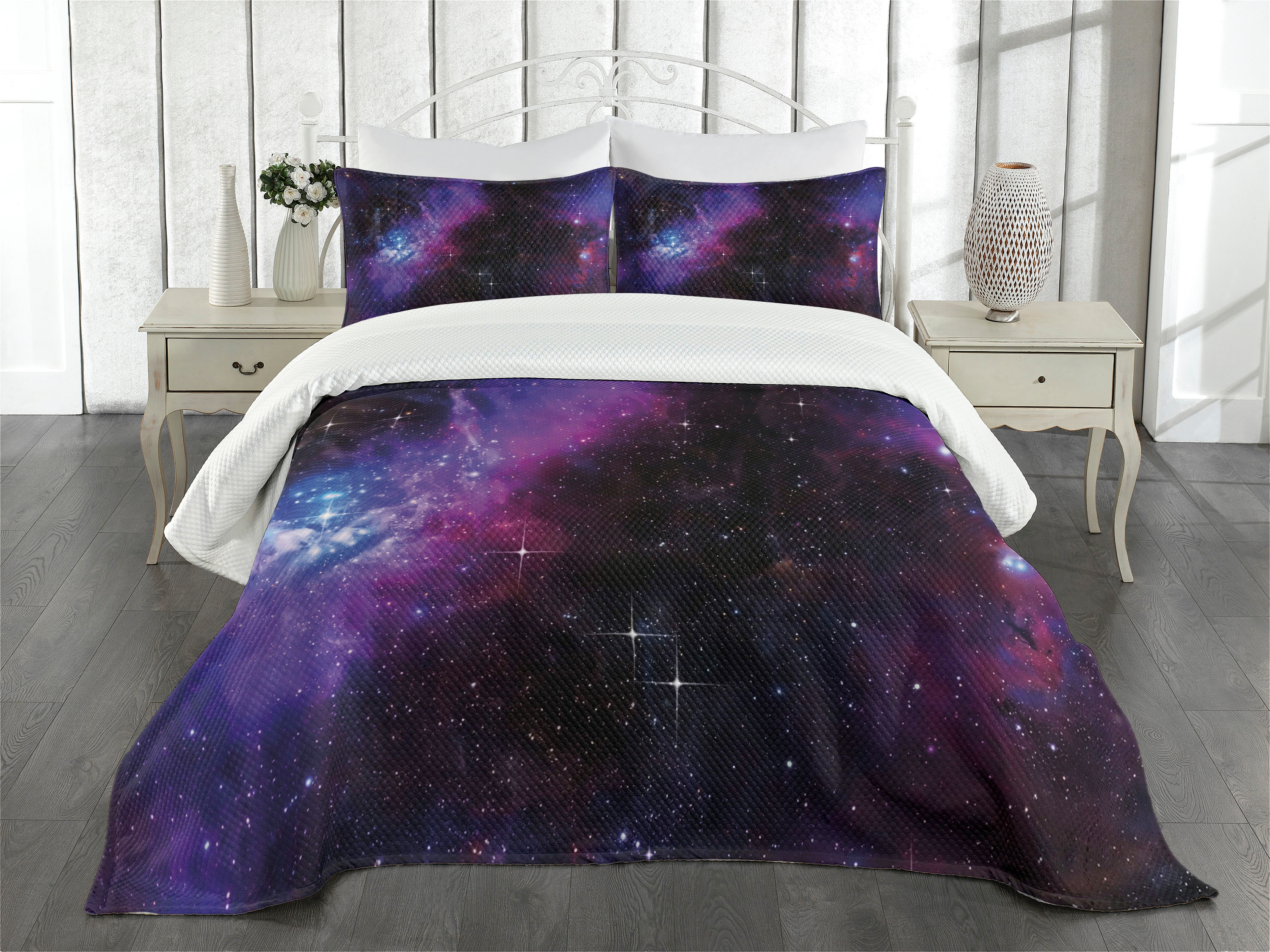 Ambesonne Space Quilted Bedspread Set 3 Pcs, Nebula Dark Galaxy Stars ...
