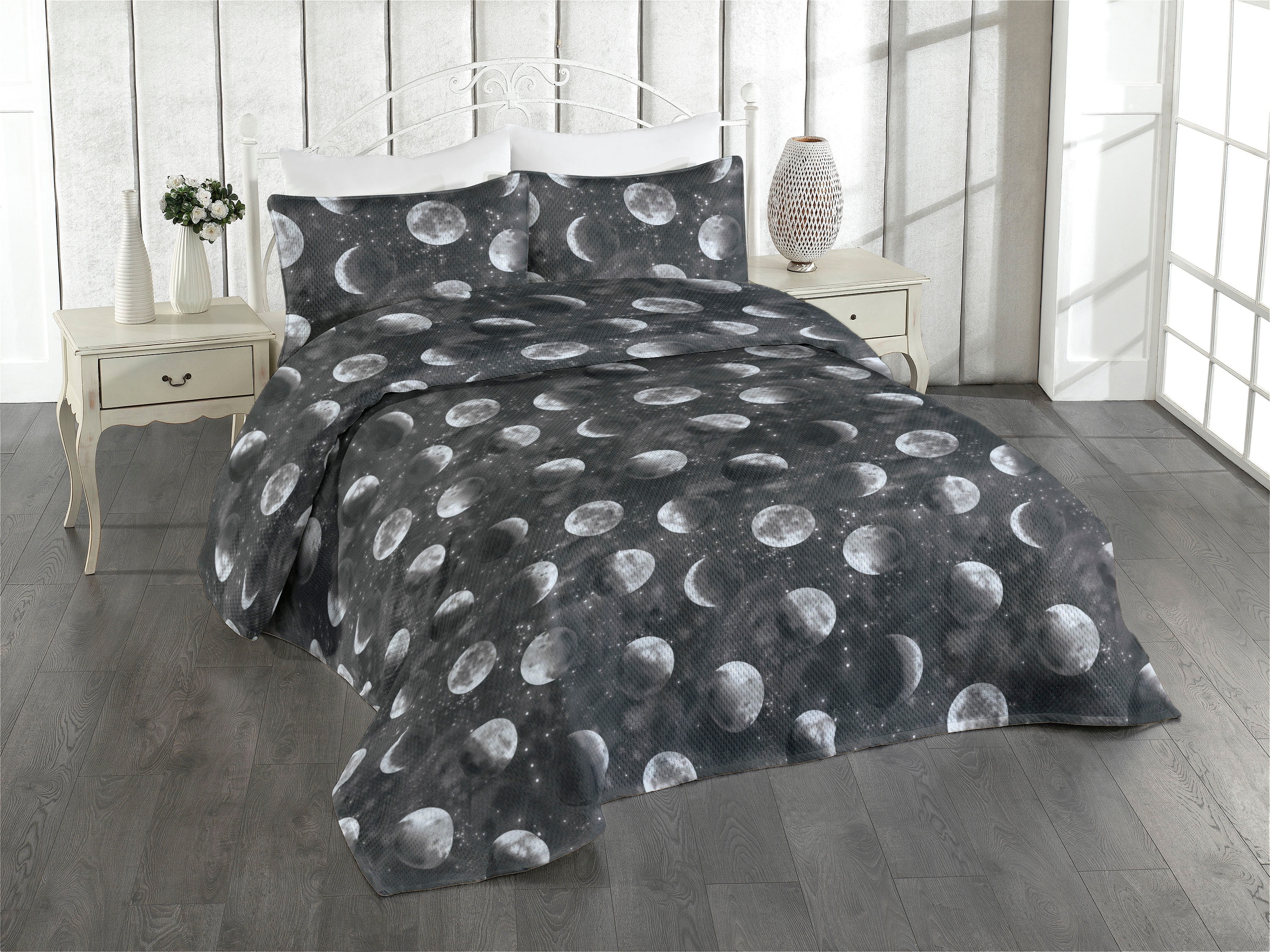 Ambesonne Space Quilted Bedspread Set 3 Pcs, Night Realistic Look Moon ...