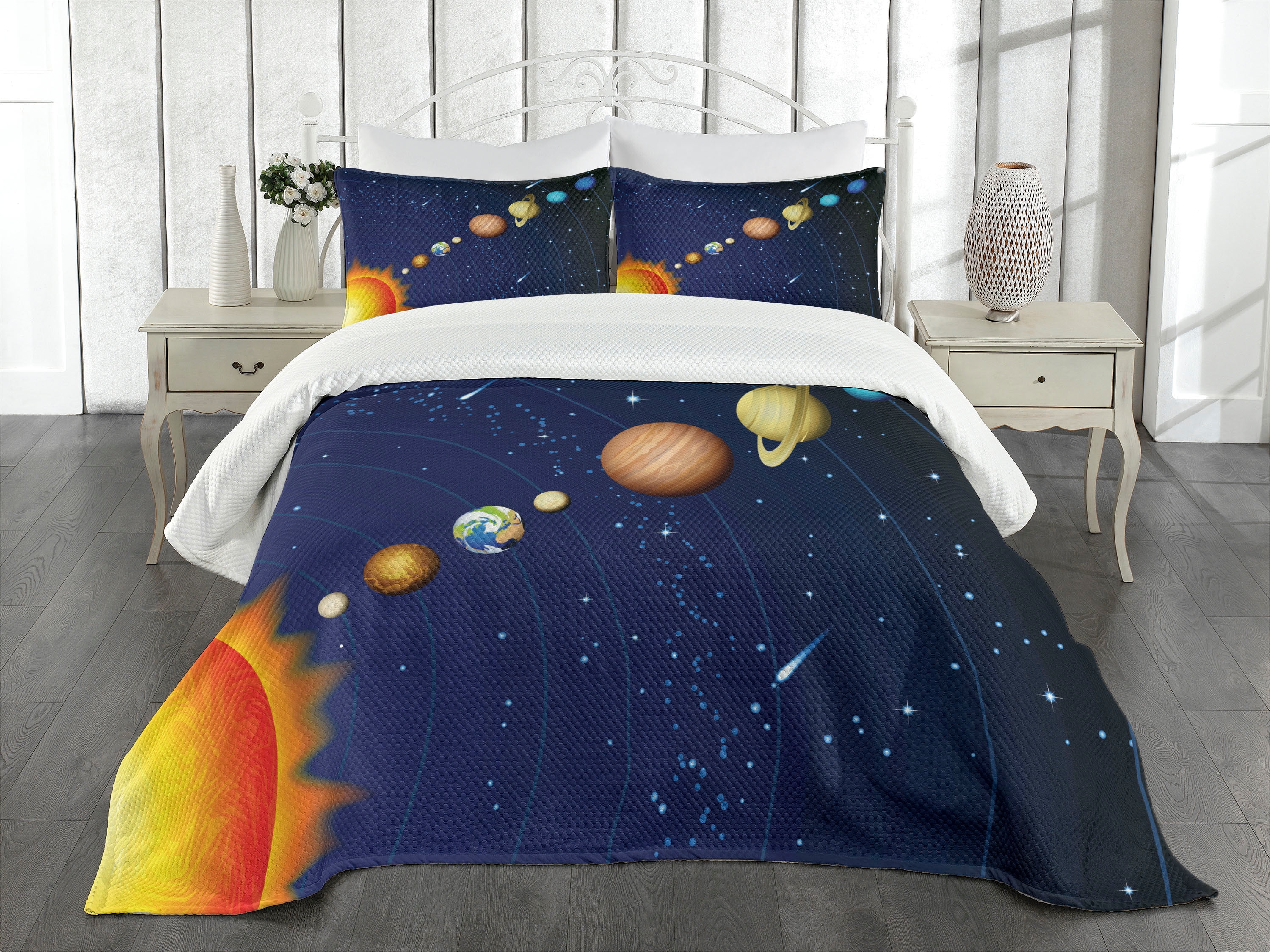 Ambesonne Space Quilted Bedspread Set 3 Pcs, Solar System with Sun ...