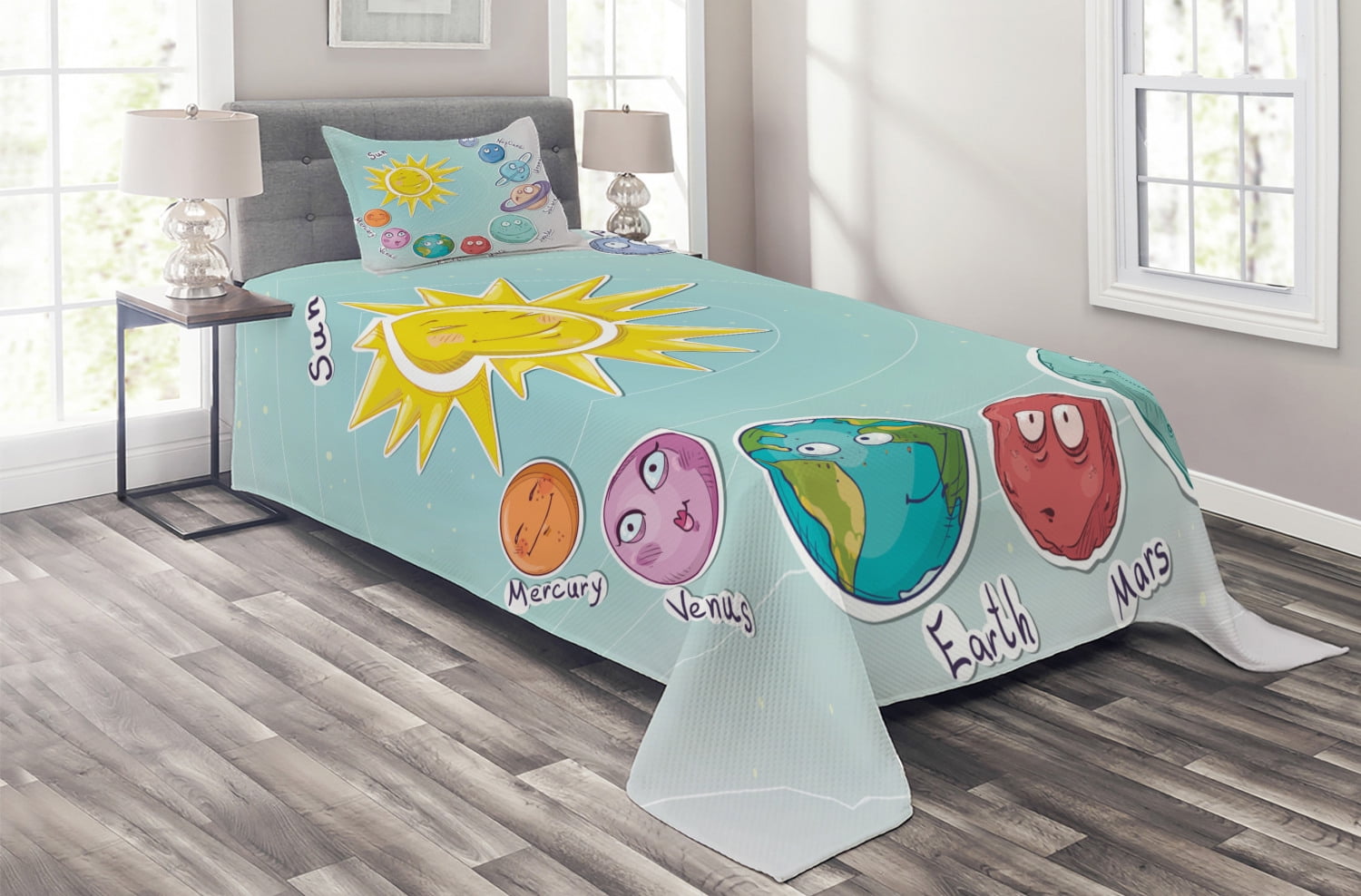 Ambesonne Space Quilted Coverlet 2 Pcs, Cartoon Sun Planets, Twin Size ...