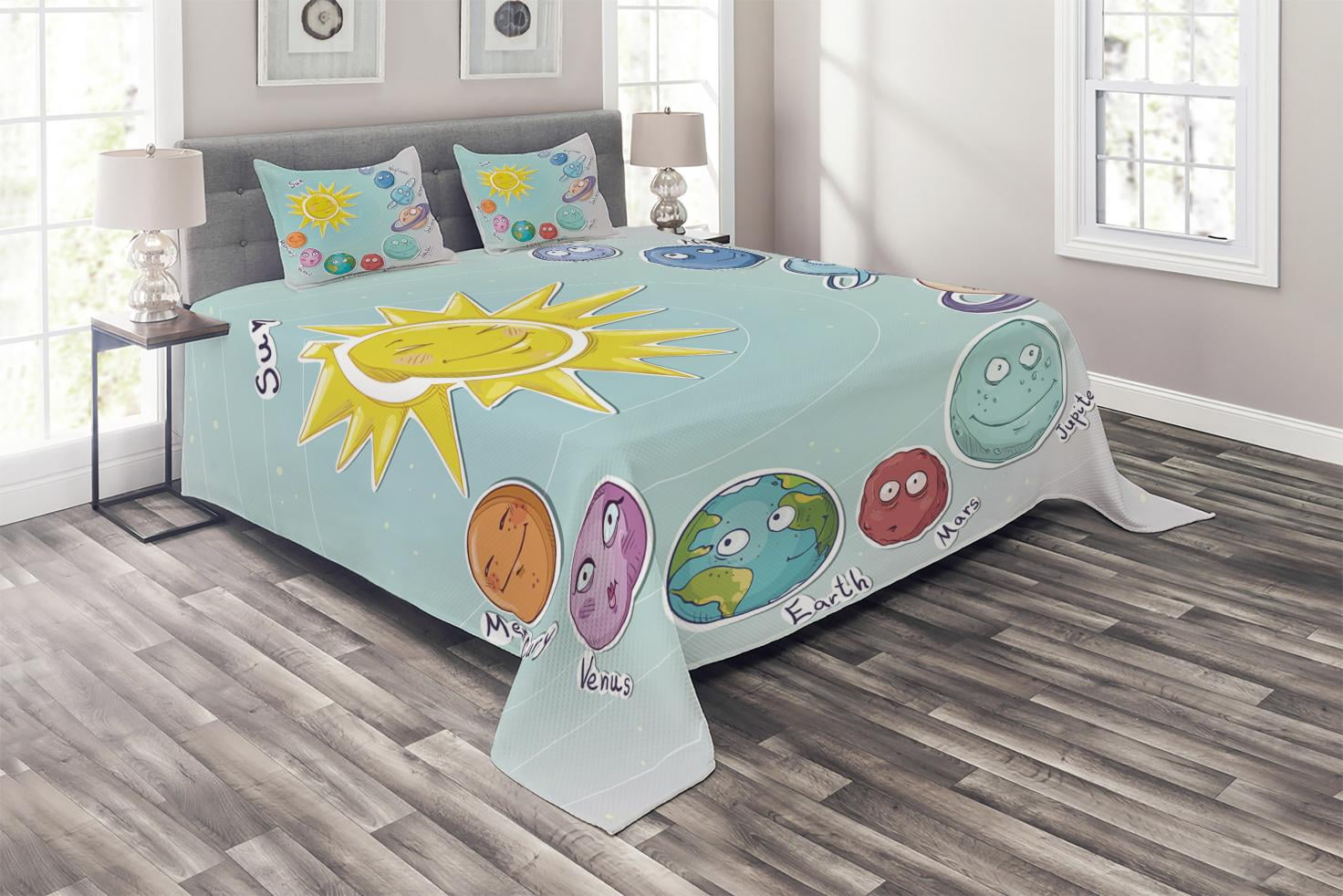 Ambesonne Space Quilted Coverlet 3 Pcs, Cartoon Sun Planets, Queen Size ...
