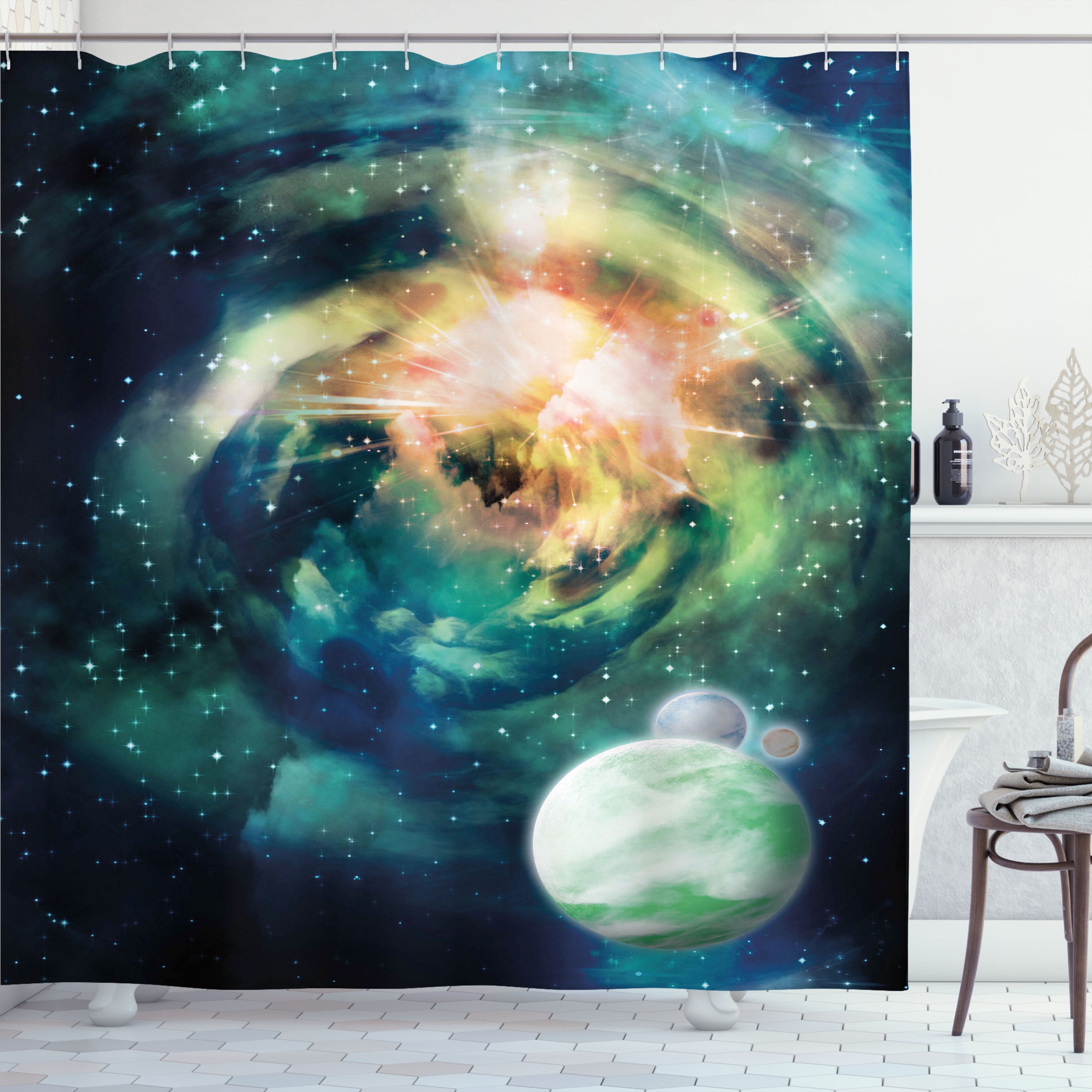 Ambesonne Space Shower Curtain, Spiral Galaxy and Planets, 69"Wx70"L ...