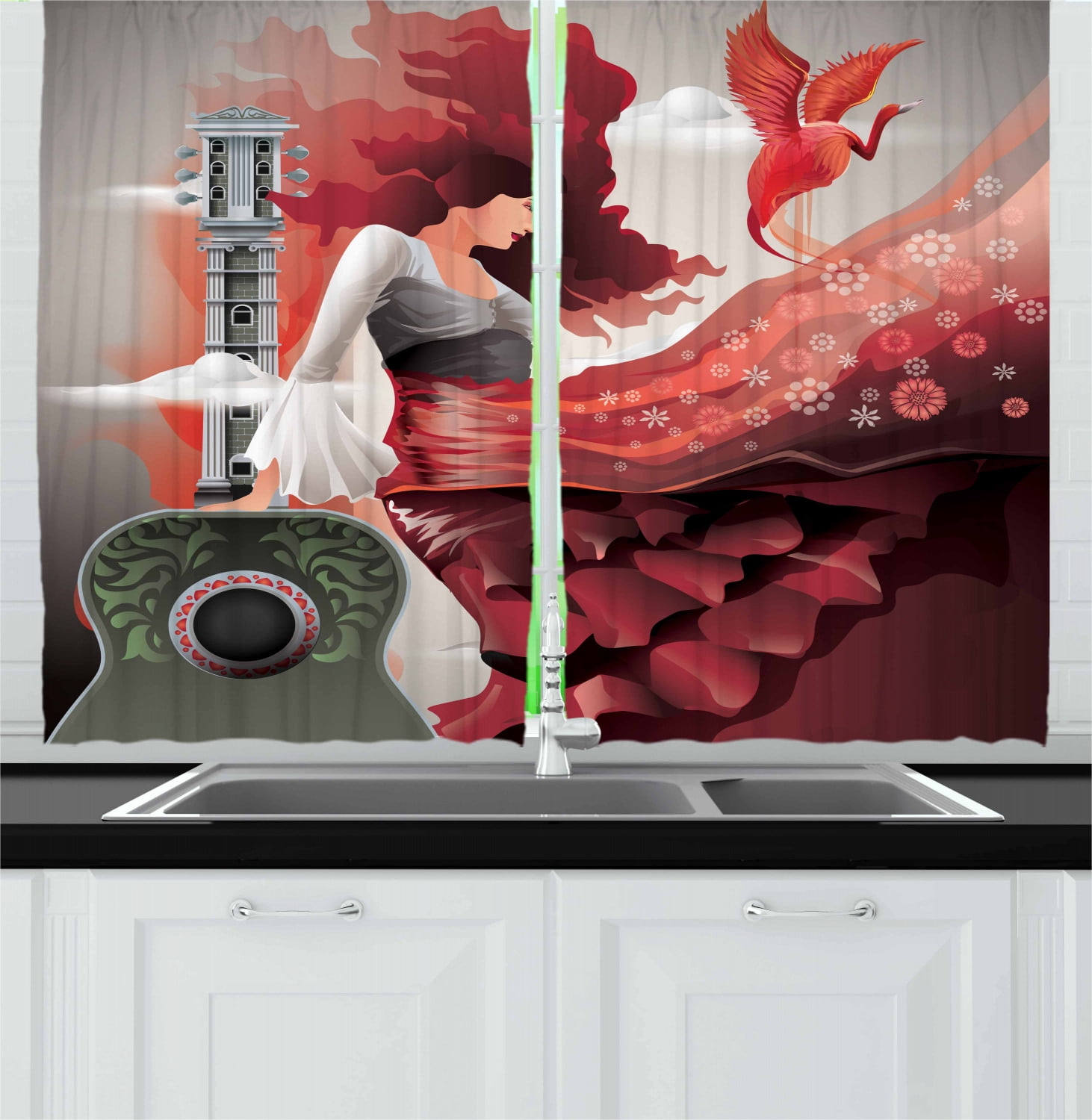Ambesonne Spanish Kitchen Curtains, Flamenco Dancer Lady, 55"x39 ...