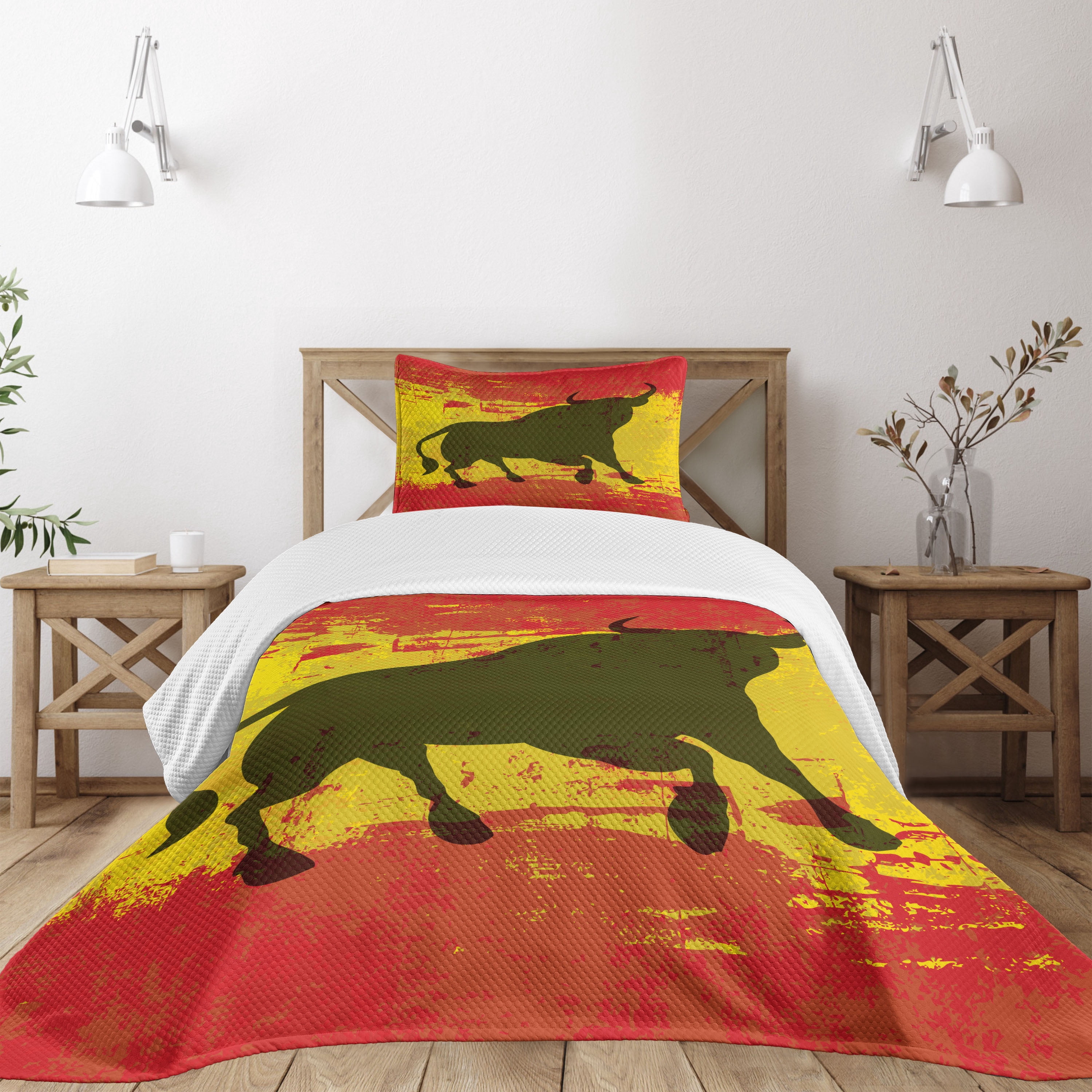 Ambesonne Spanish Quilted Bedspread Set 2 Pcs, Bull Silhouette on Flag ...