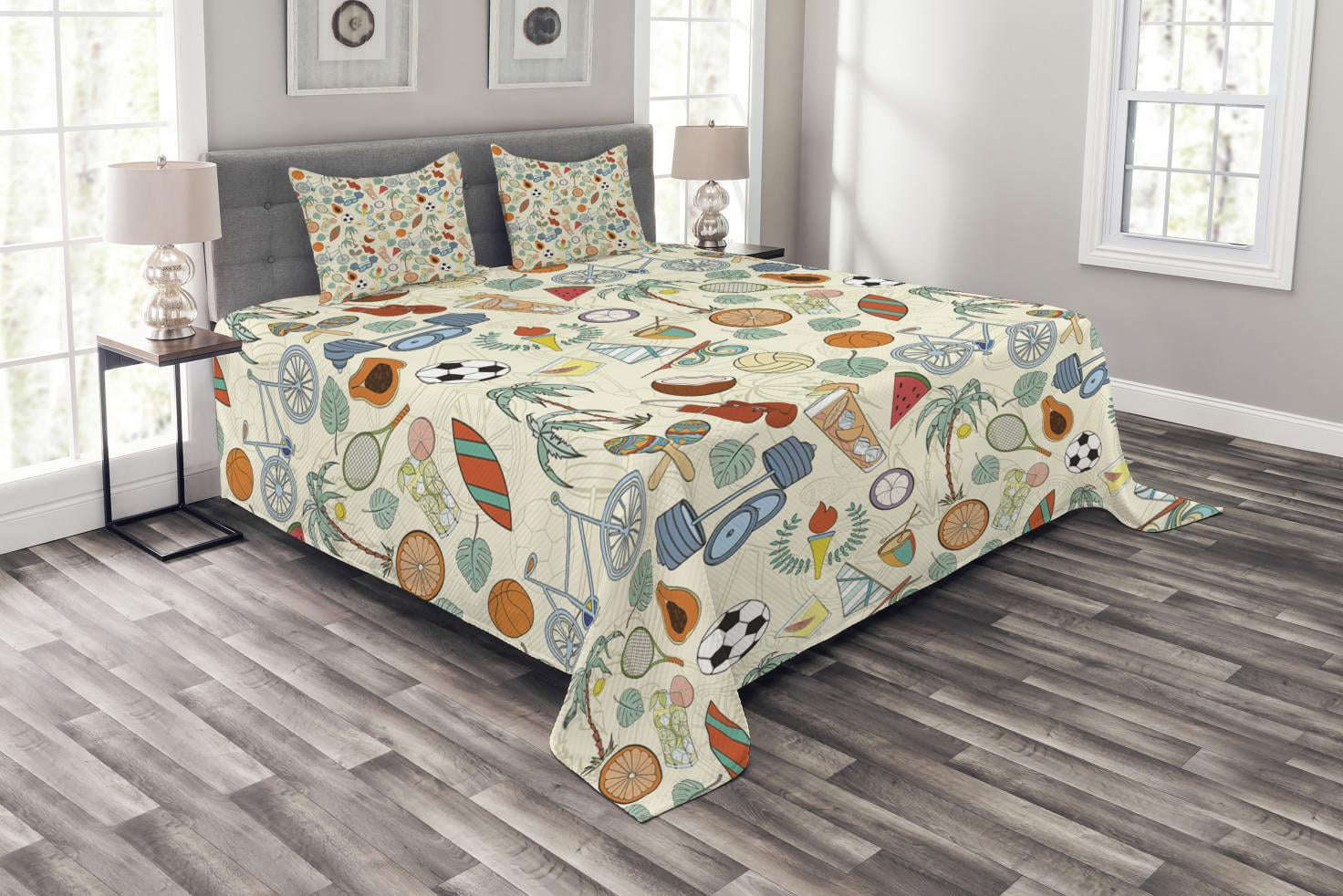 Ambesonne Sport Quilted Bedspread Set 3 Pcs, Cartoon Style Elements ...