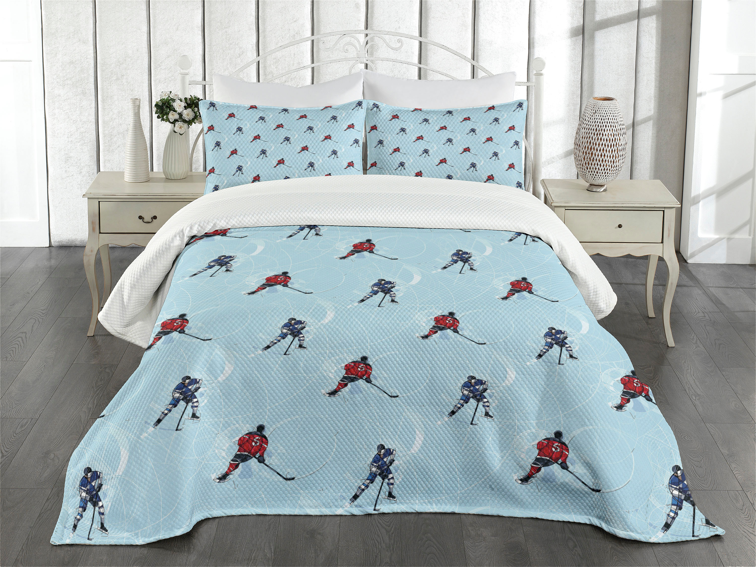 Ambesonne Sport Quilted Bedspread Set 3 Pcs, Ice Hockey Pattern Winter ...