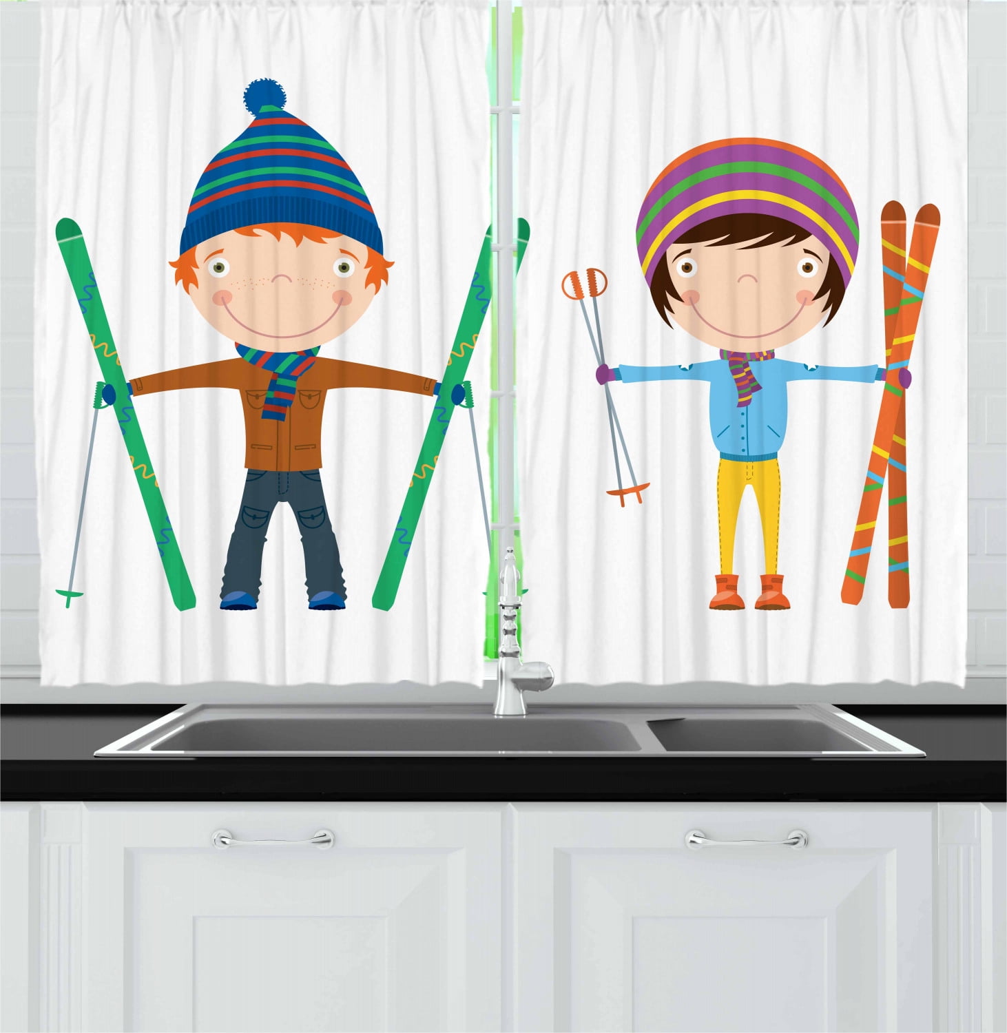 Ambesonne Sports Kitchen Curtains, Boy and Girl Skis, 55"x39 ...