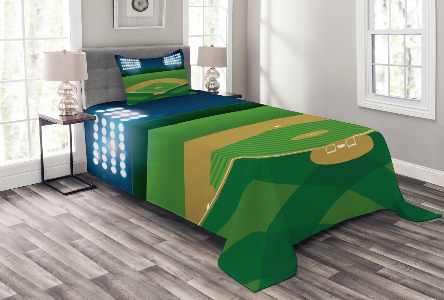 Ambesonne Sports Quilted Bedspread Set 2 Pcs, Cartoonish Field Stadium ...