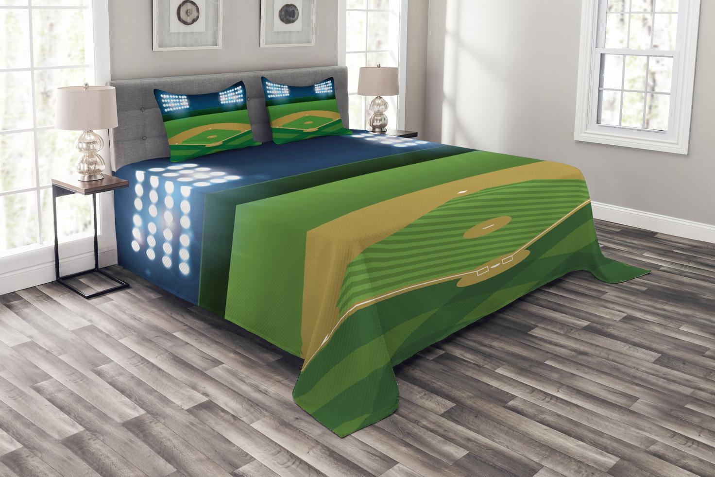 Ambesonne Sports Quilted Bedspread Set 3 Pcs, Cartoonish Field Stadium ...