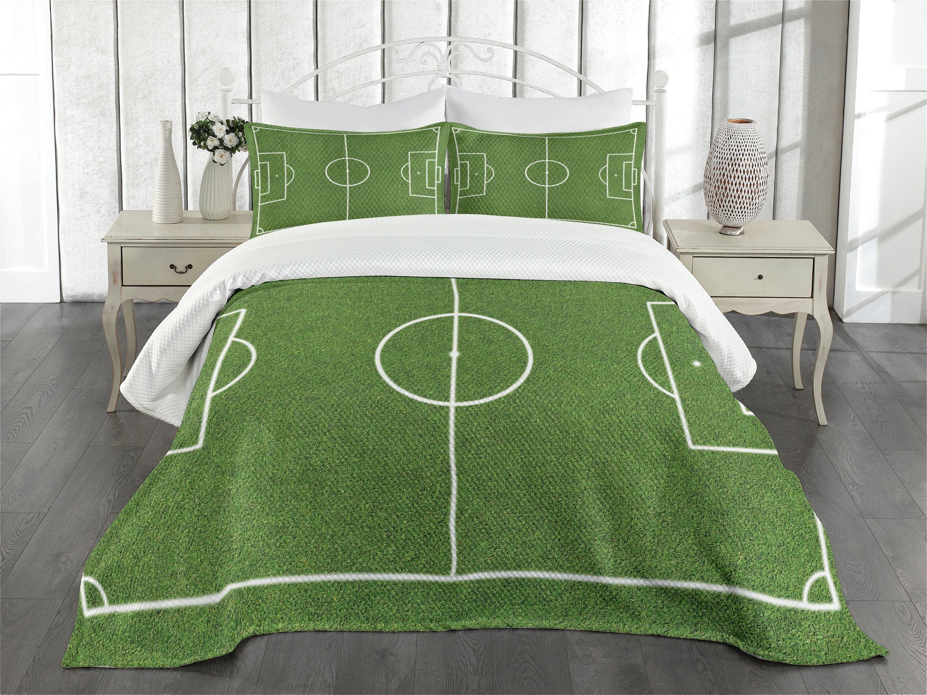 Ambesonne Sports Quilted Bedspread Set 3 Pcs, Soccer Stadium Field ...