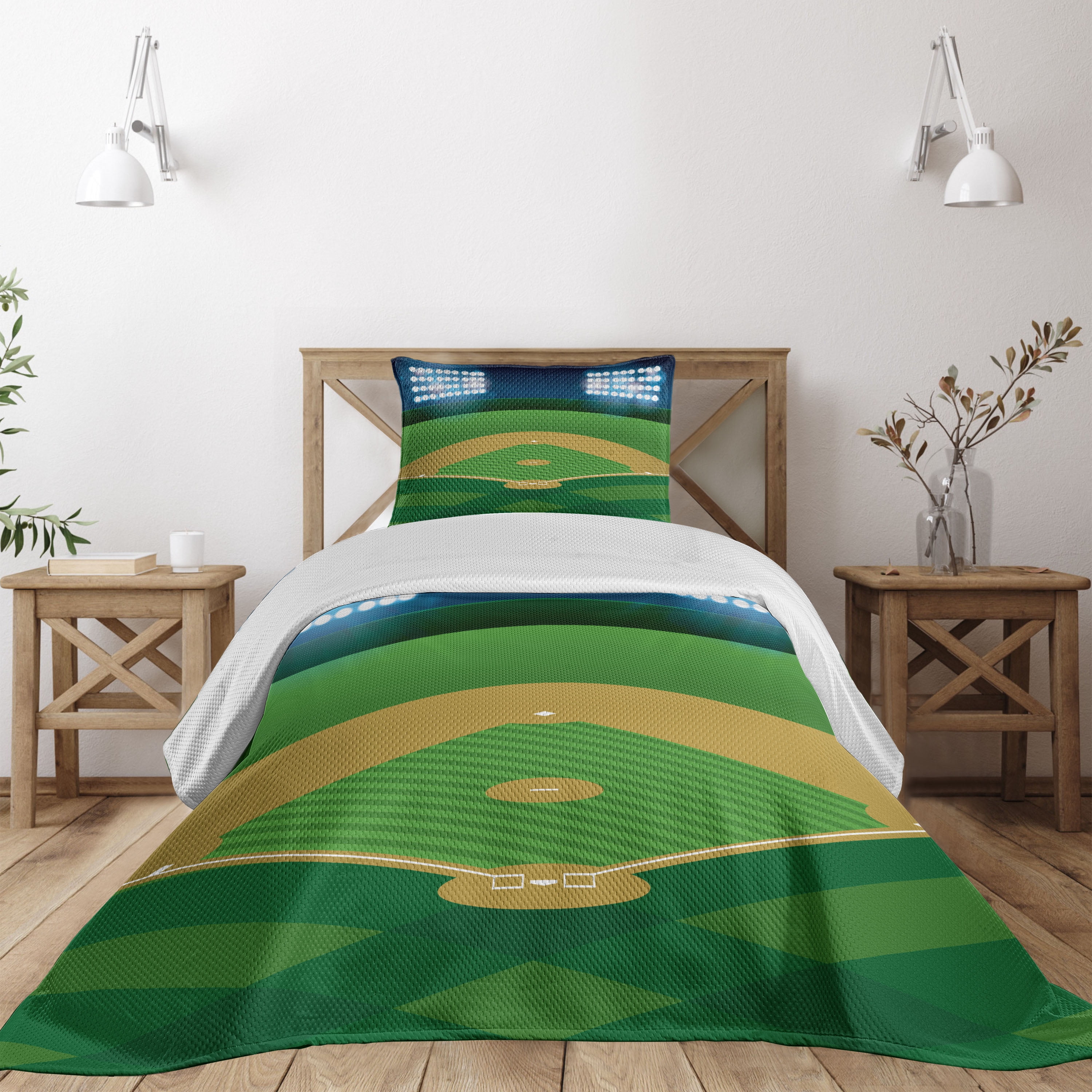 Ambesonne Sports Quilted Coverlet 2 Pcs, Cartoonish Field Stadium, Twin ...