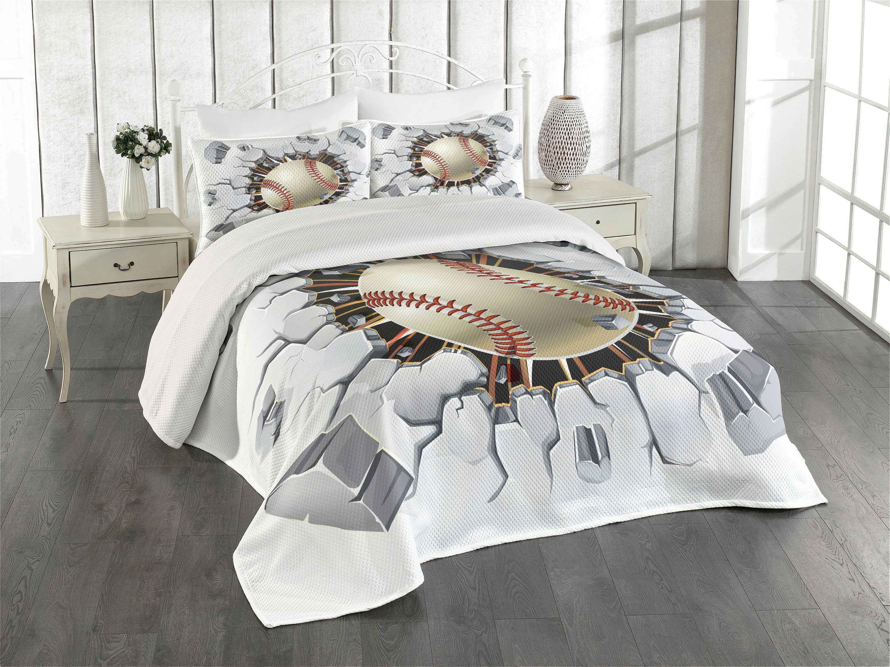 Ambesonne Sports Quilted Coverlet 3 Pcs, Baseball Wall Concrete, Queen ...