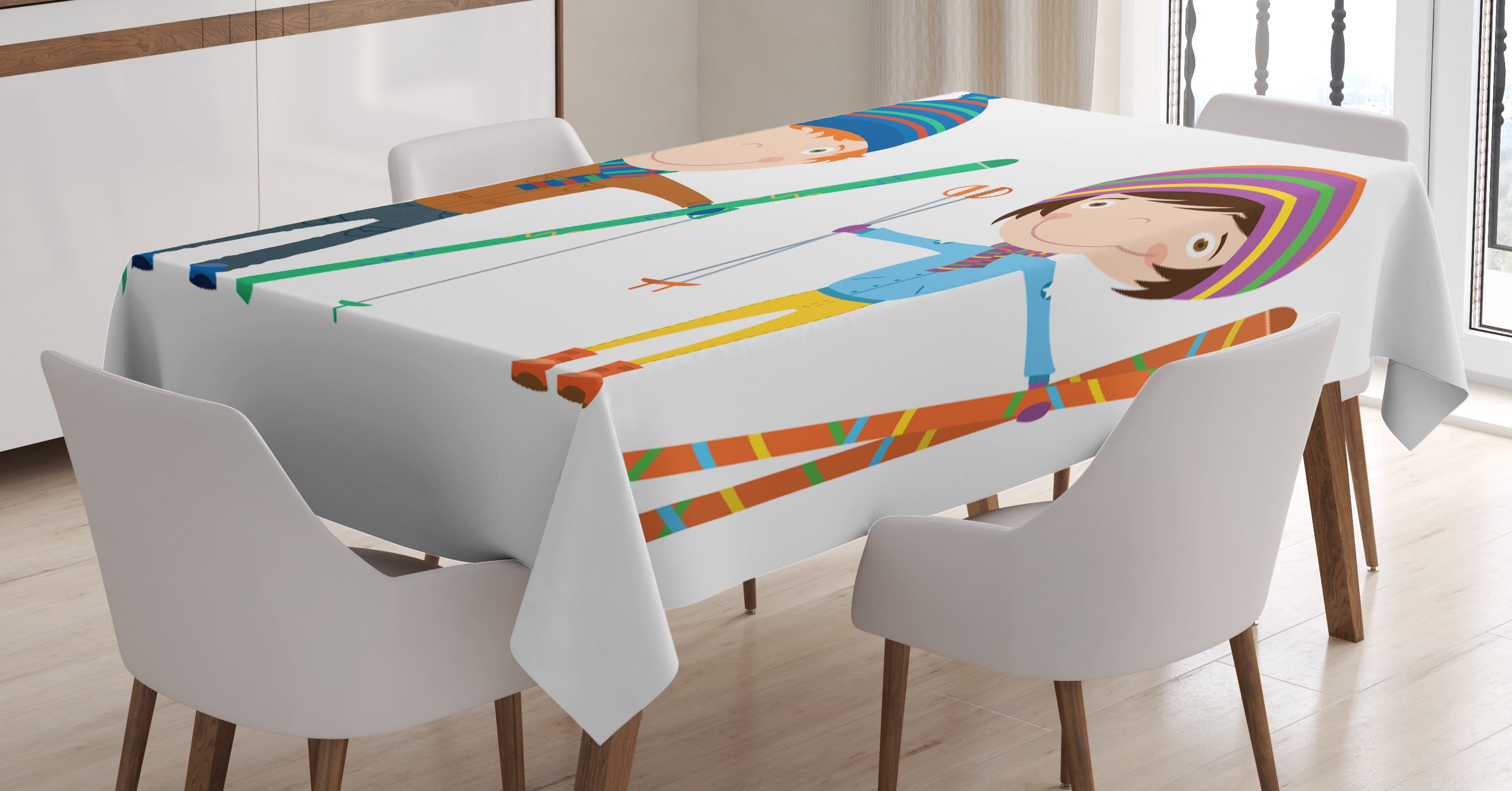 Ambesonne Sports Tablecloth Rectangular Table Cover, Boy and Girl Skis ...