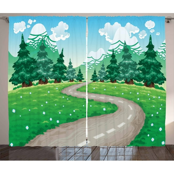 Ambesonne Spring Curtains 2 Panel Set, Pathway Among Pine Trees, 108" x ...
