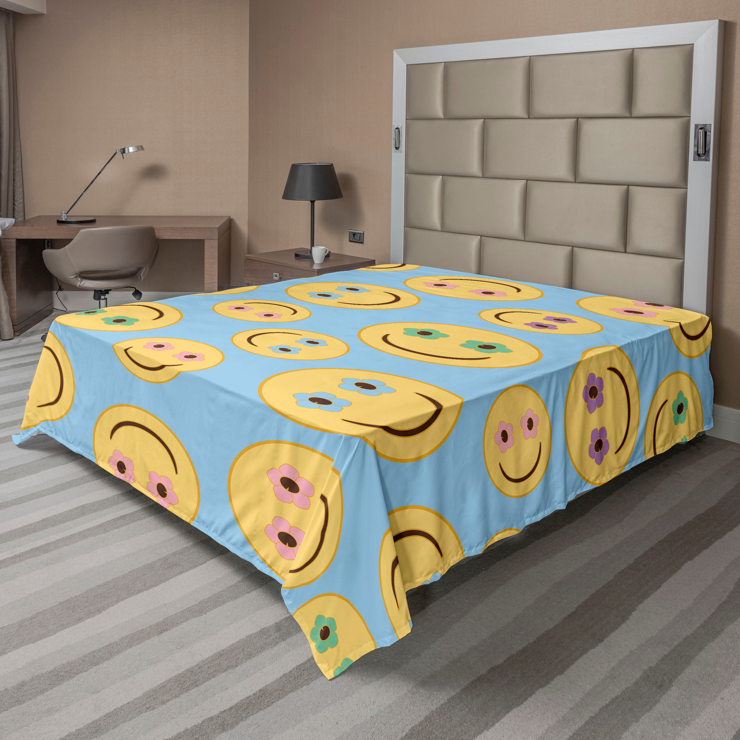 Ambesonne Spring Emoji Flat Sheet, Pastel Floral Eyes, Queen Size, Pale ...