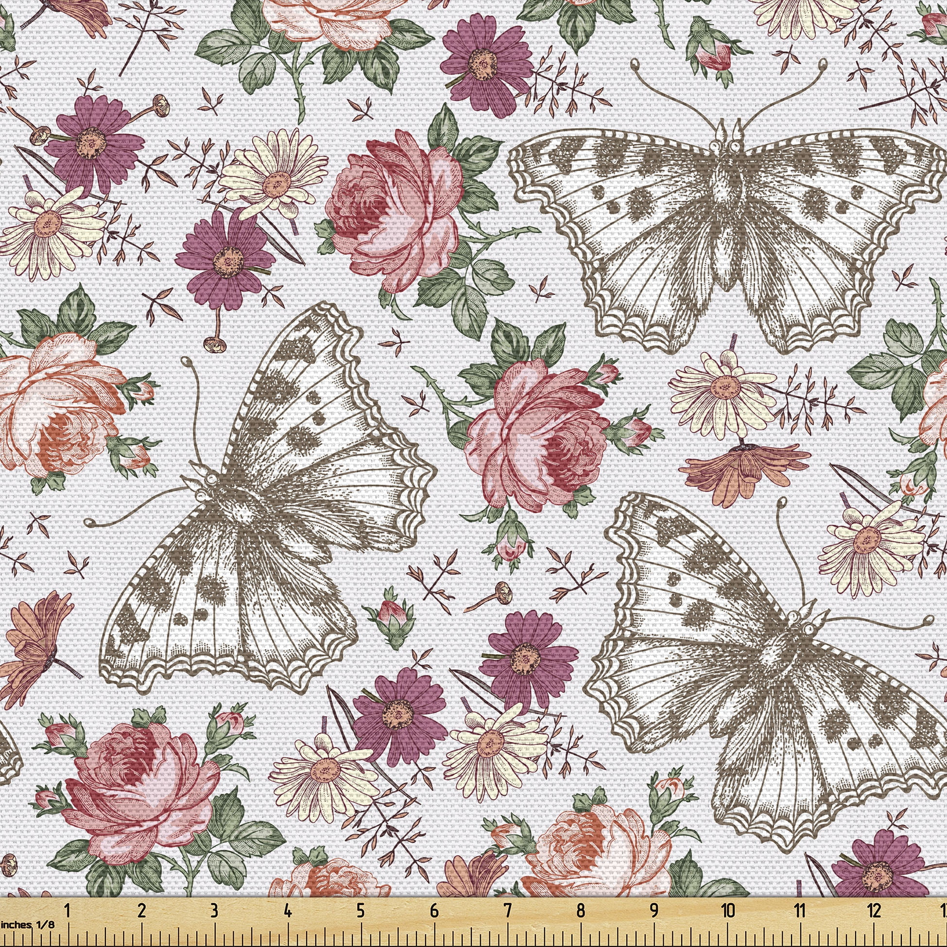Ambesonne Spring Fabric by the Yard, Butterfly Wildflower Plot, 5 Yards ...