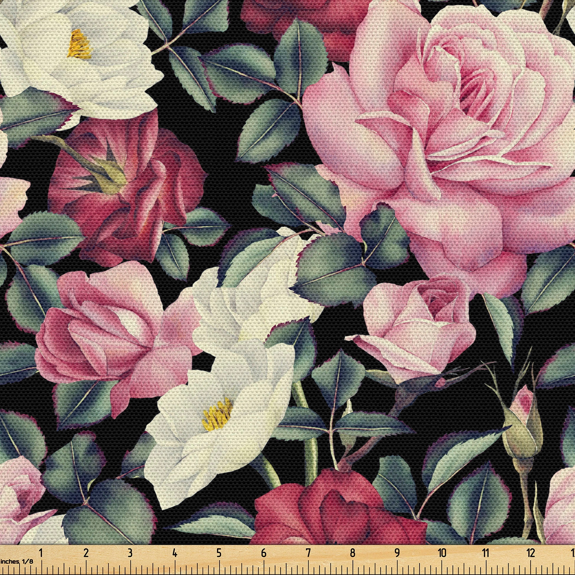 Ambesonne Spring Fabric by the Yard Upholstery, Roses Leaves Vintage ...