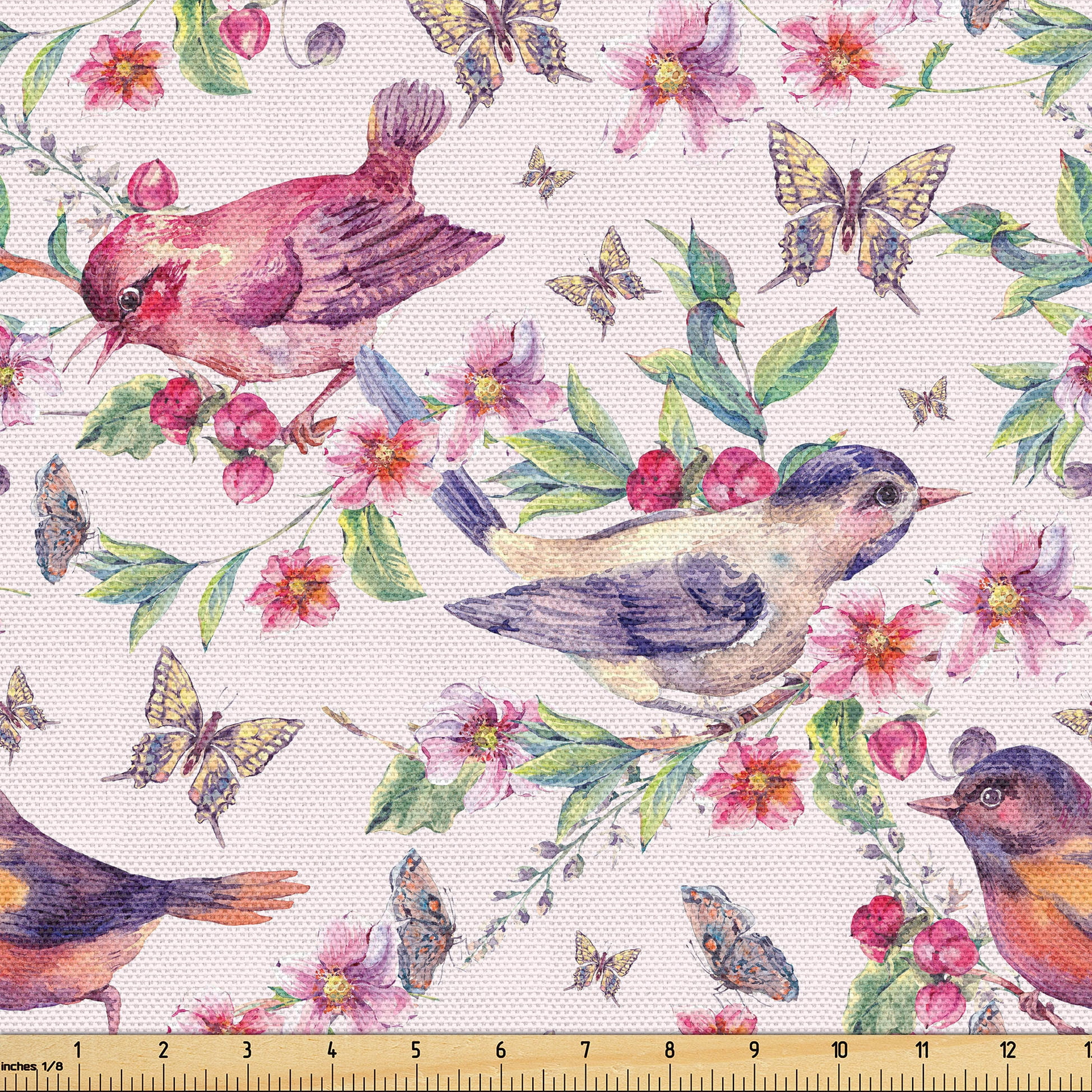 Ambesonne Spring Fabric by the Yard Upholstery, Butterfly Bird Flower ...