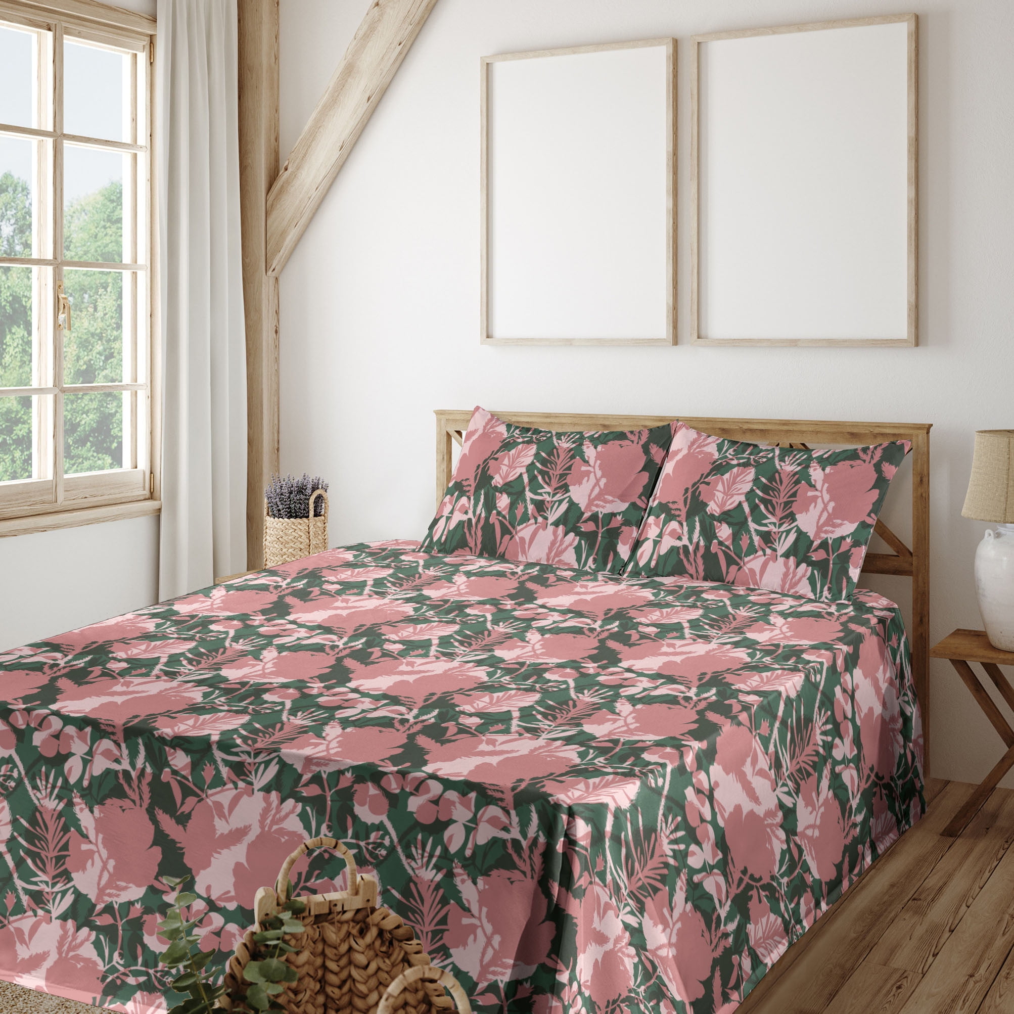 Ambesonne Spring Fitted & Flat Sheet with Shams 4 Pcs Set, Flowers ...