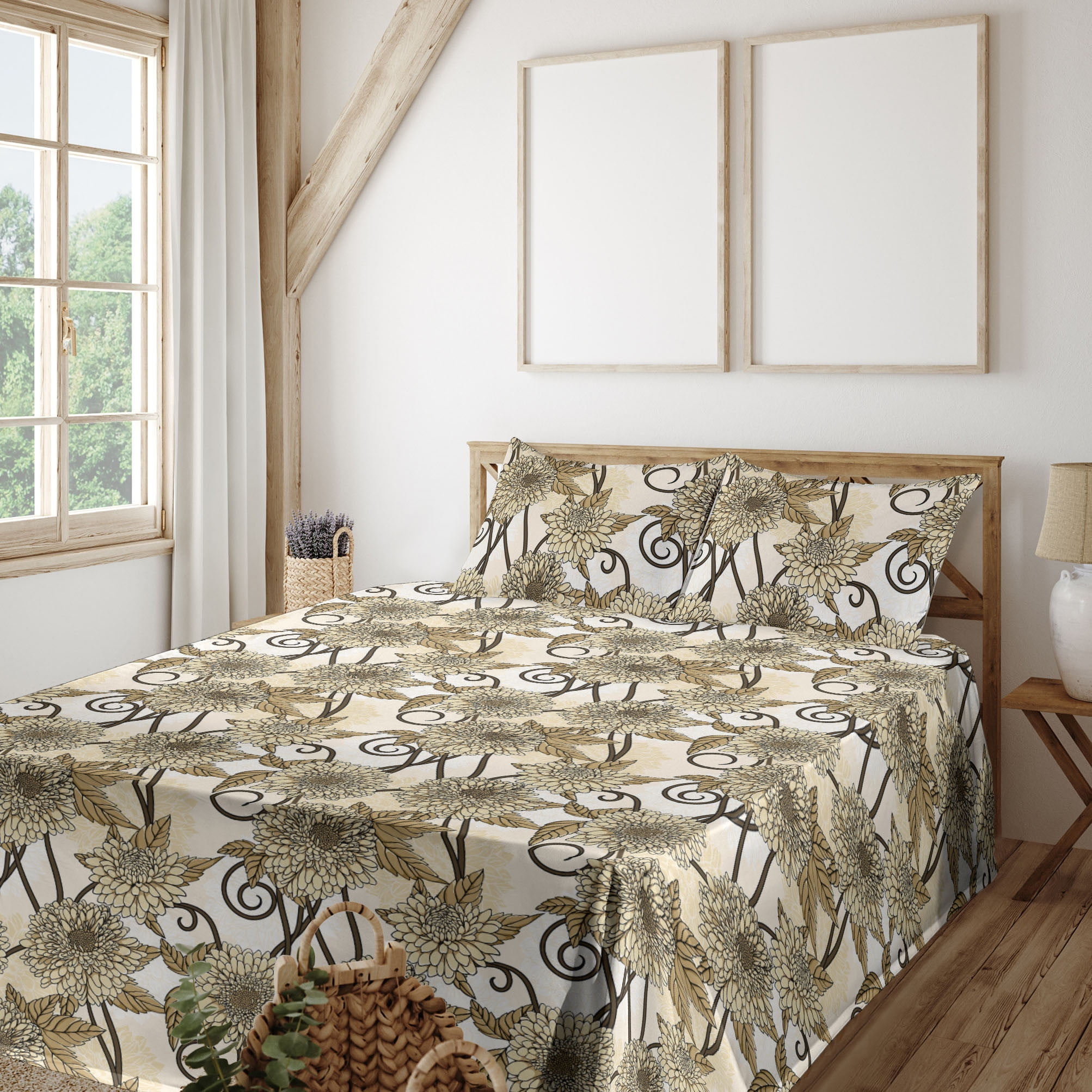Ambesonne Spring Fitted & Flat Sheet with Shams 4 Pcs Set, Flowers ...