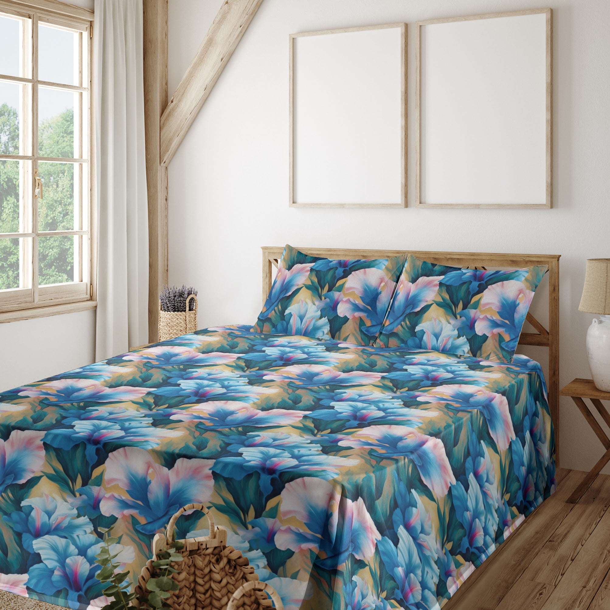 Ambesonne Spring Fitted & Flat Sheet with Shams 4 Pcs Set, Iris Flowers ...