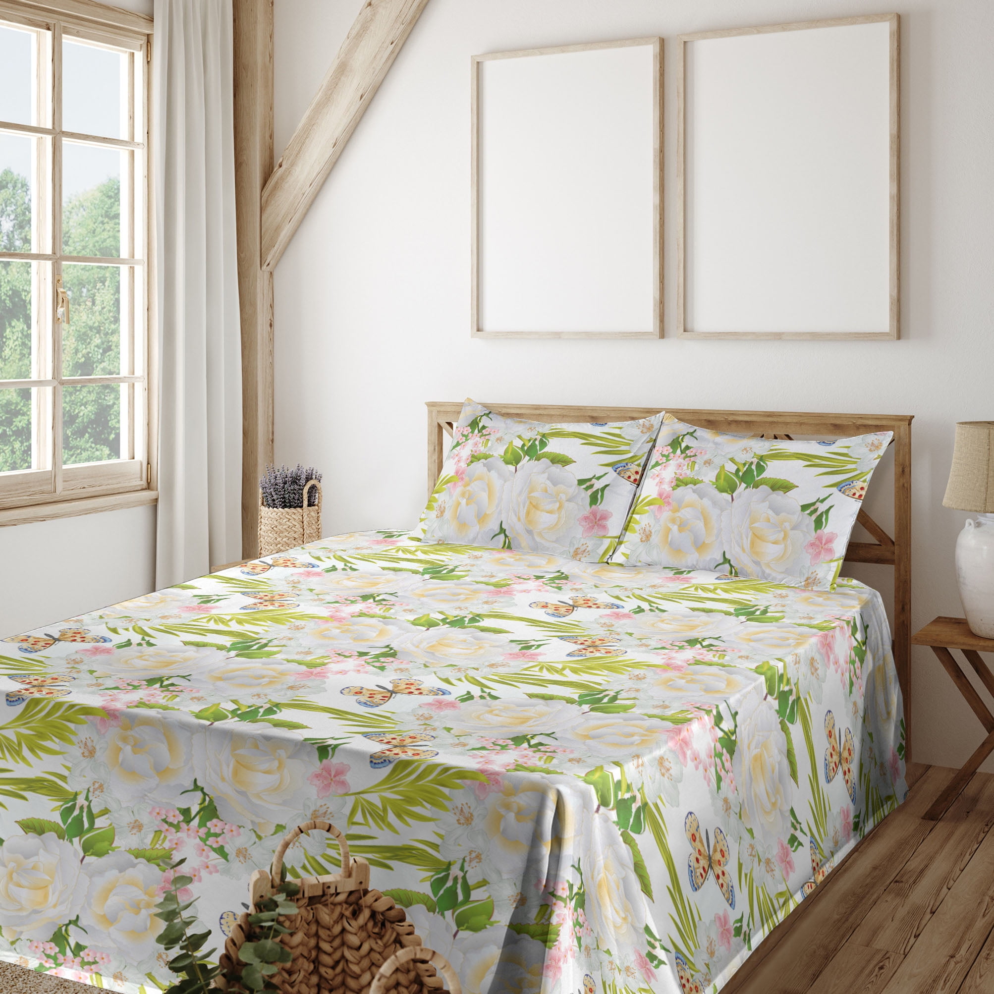 Ambesonne Spring Fitted & Flat Sheet with Shams 4 Pcs Set, Roses ...