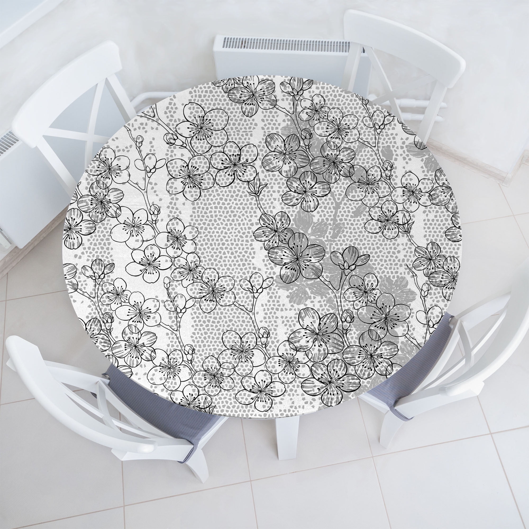 Ambesonne Spring Fitted Round Tablecloth, Cherry Blossoms Monochrome ...