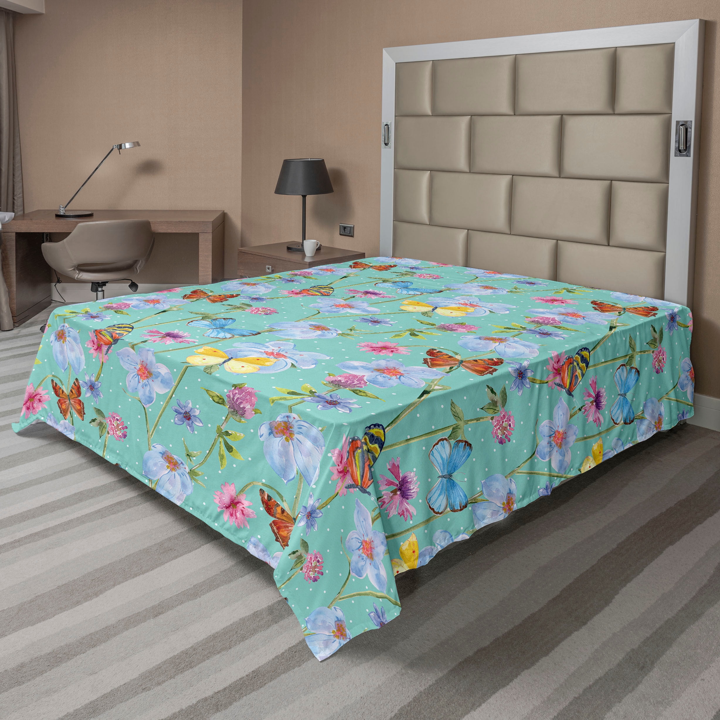 Ambesonne Spring Flat Bedding Sheet Soft Top Sheet, Butterflies Dots ...