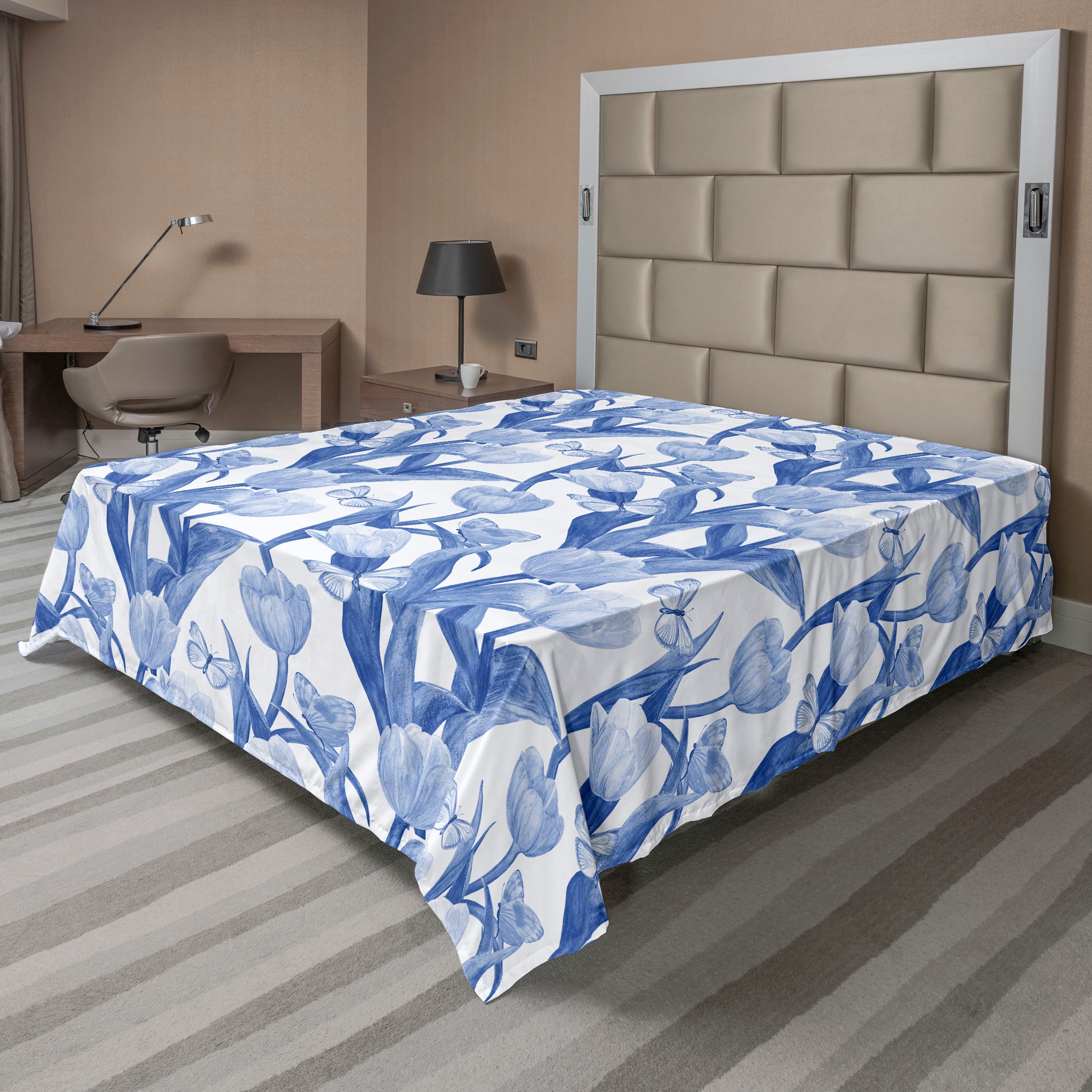 Ambesonne Spring Flat Bedding Sheet Soft Top Sheet, Tulips Butterflies ...