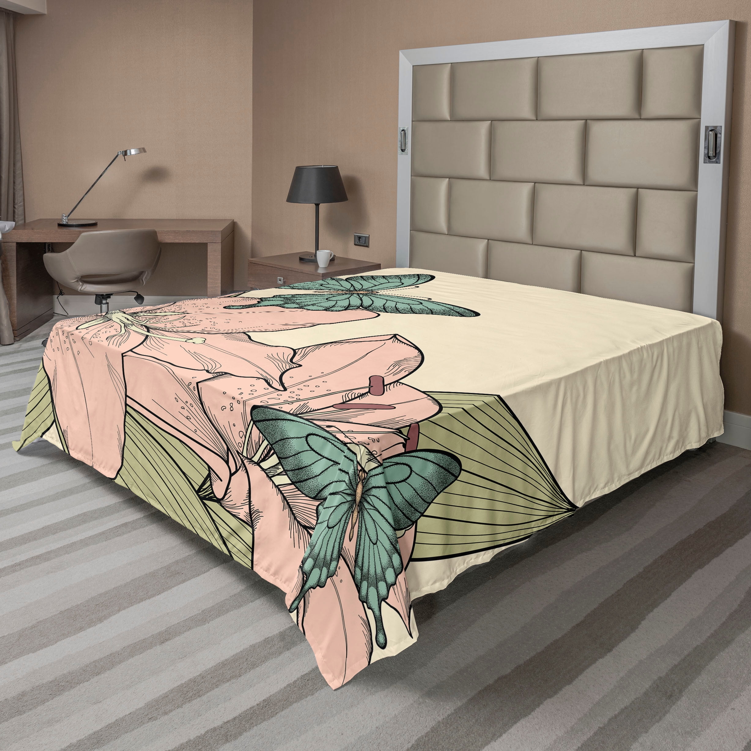 Ambesonne Spring Flat Sheet, Butterflies and Lilies, Queen Size ...