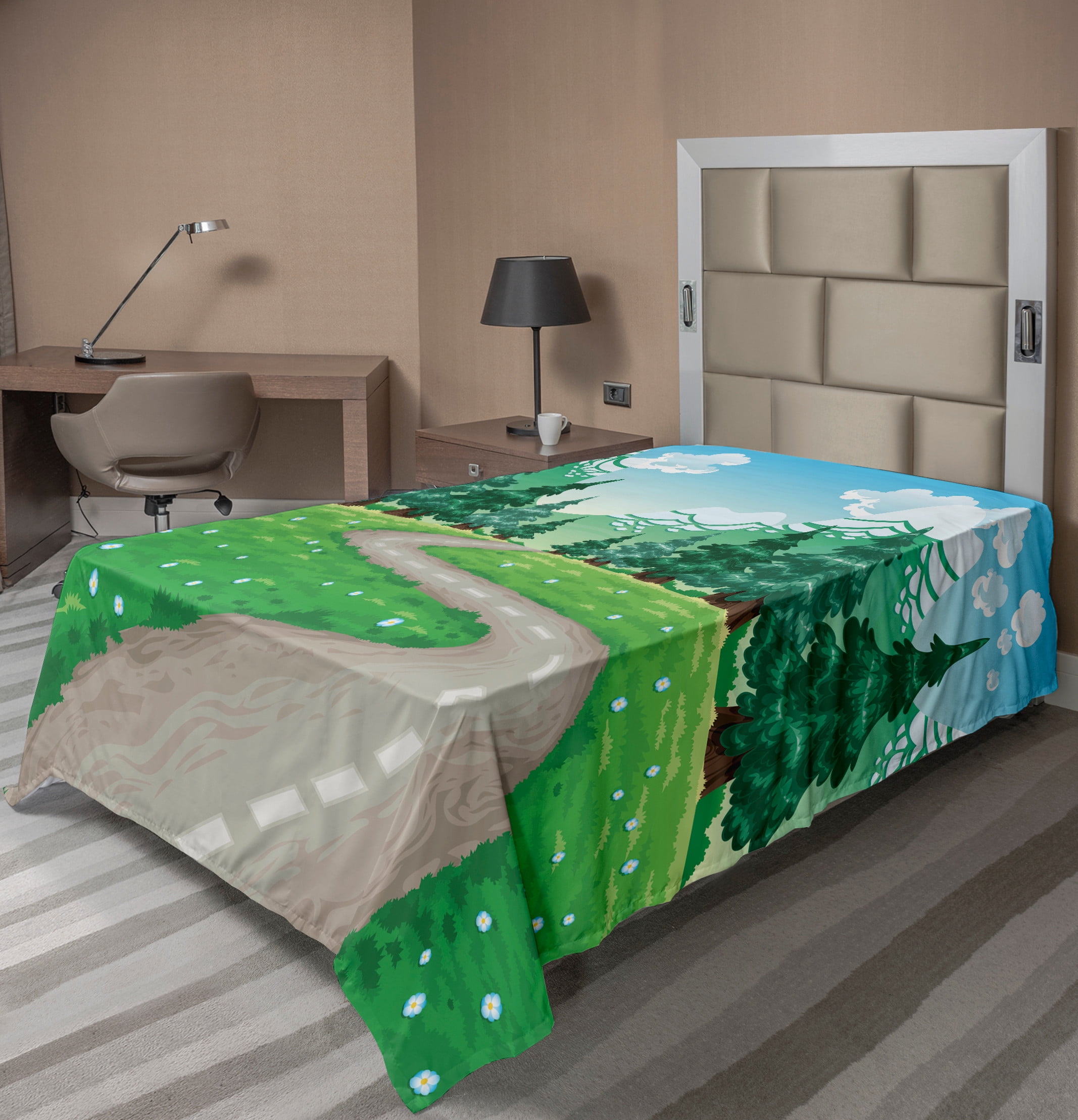 Ambesonne Spring Flat Sheet, Pathway Among Pine Trees, Twin Size ...