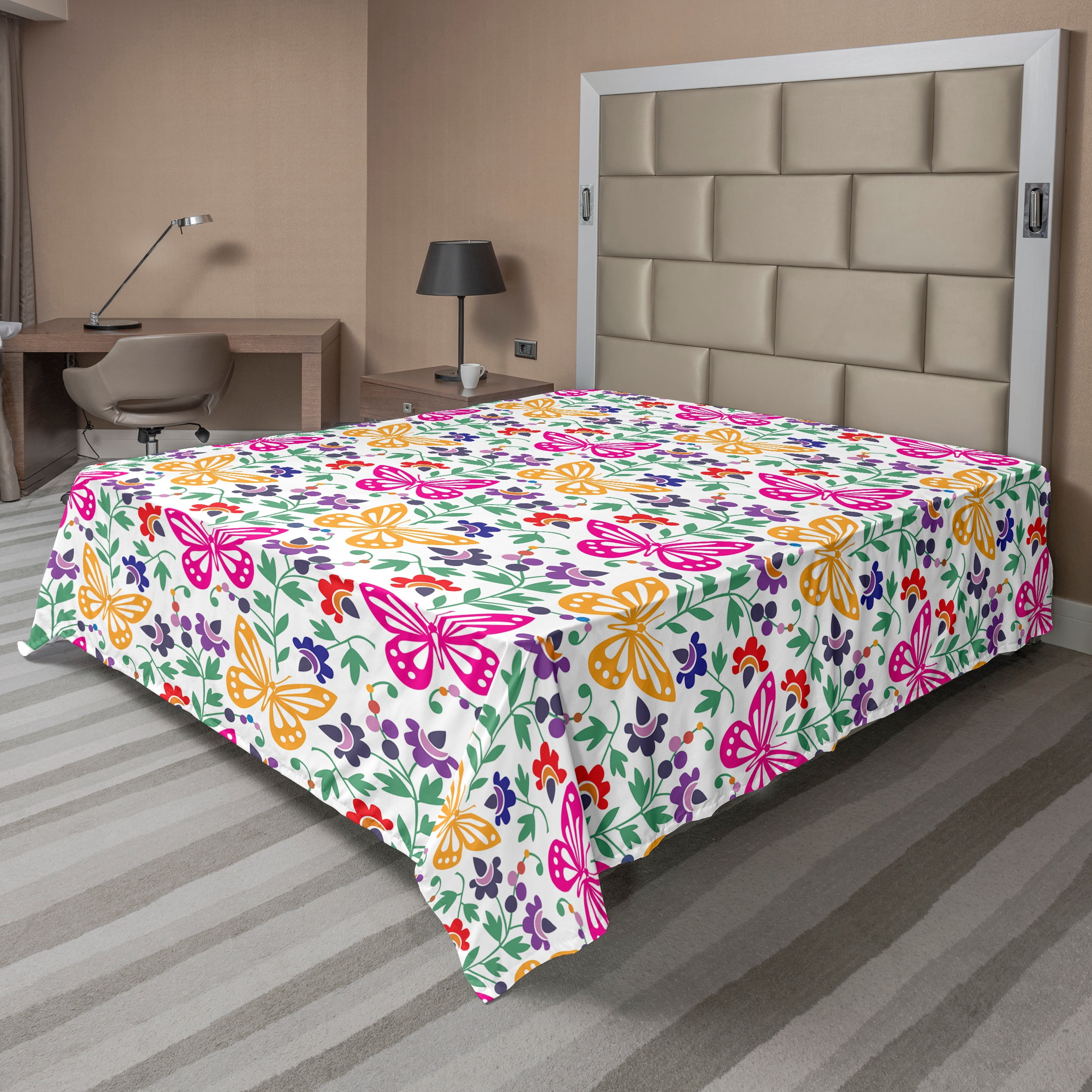 Ambesonne Spring Flat Sheet, Vibrant Summer Blooms, Queen Size ...