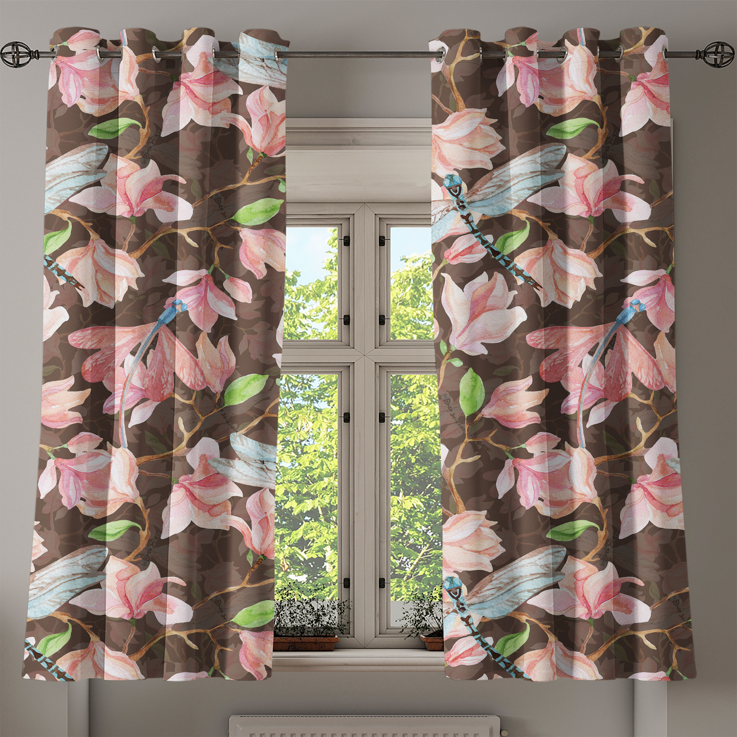 Ambesonne Spring Grommet Curtain, Magnolia Branches Dragonfly, 50"x60 ...